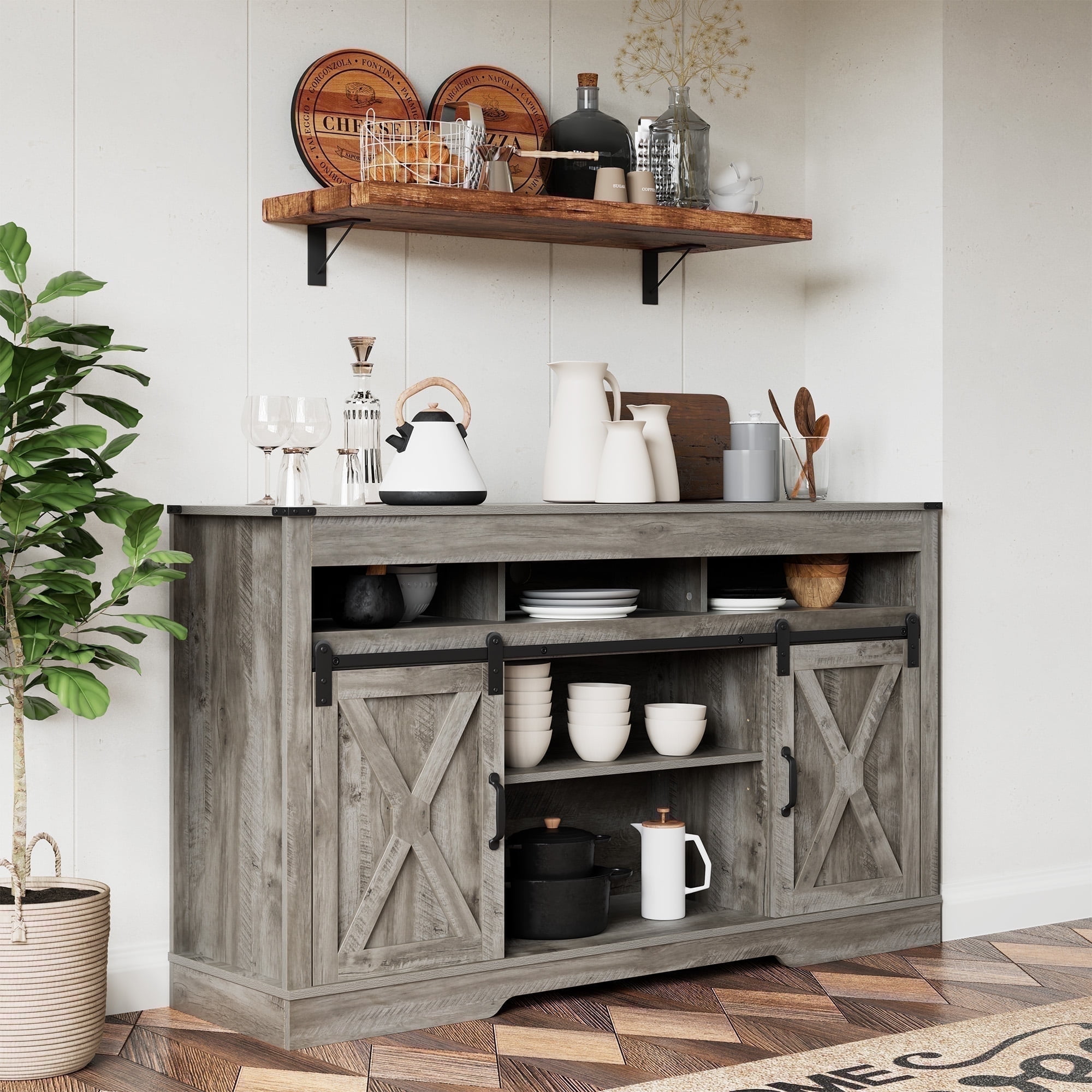 CozyHome Farmhouse TV Stand Coffee Bar Cabinet With Storage, Sliding ...