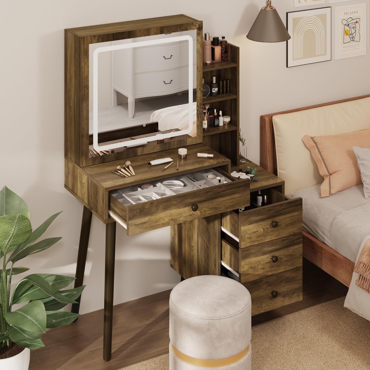 CozyHom Makeup Vanity Table Set with Sliding Lighted Mirror, Vintage ...