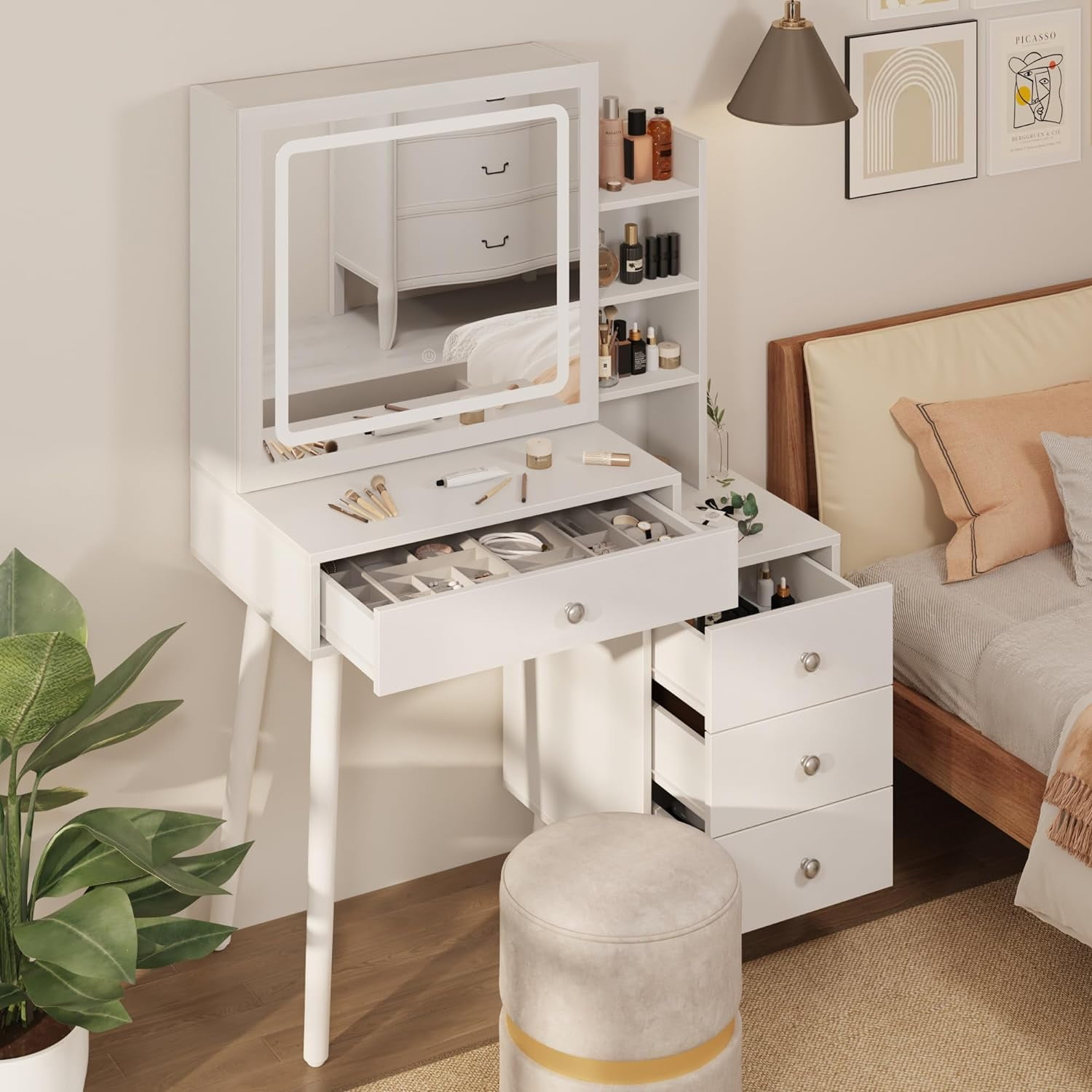 CozyHom Makeup Vanity Table Set with Sliding Lighted Mirror, Vintage ...