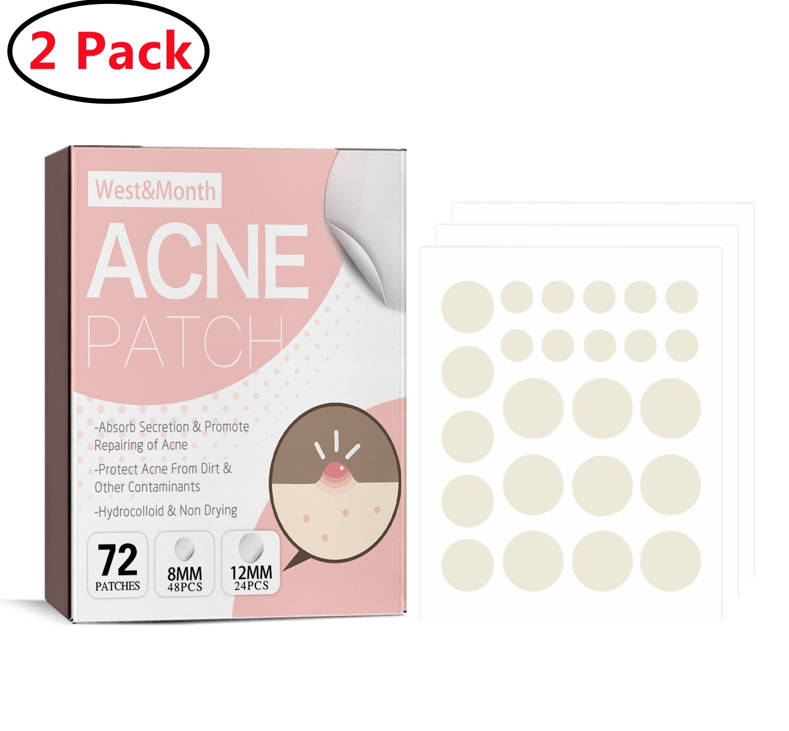 2 Pack Invisible Acne Pimple Patches for Face (72 Counts), Spot Dots ...