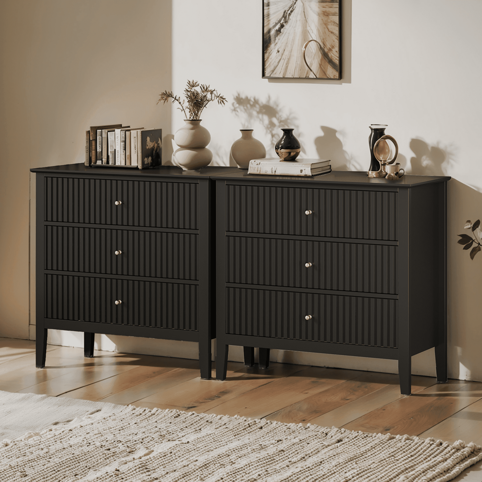 CozyHome Black 3 Drawer Dresser Set of 2, Painted 30 Inch Tall Wood ...