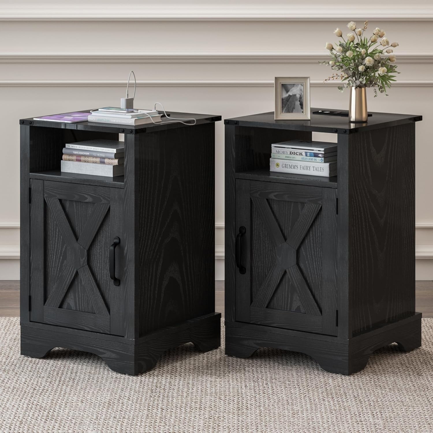 CozyHome Farmhouse Nightstand Set of 2 with Charging Station, Wooden ...