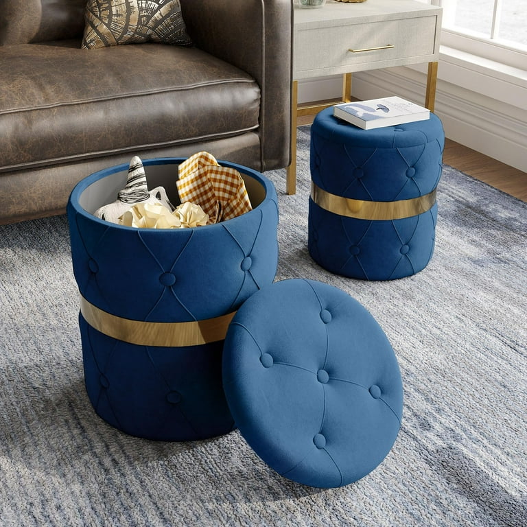 FansaFurn Storage Ottoman Set of 2 Versatile Footrest Stool with Stainless Steel Base Modern Round Vanity Stool Chair Foot Stools Support 200lbs