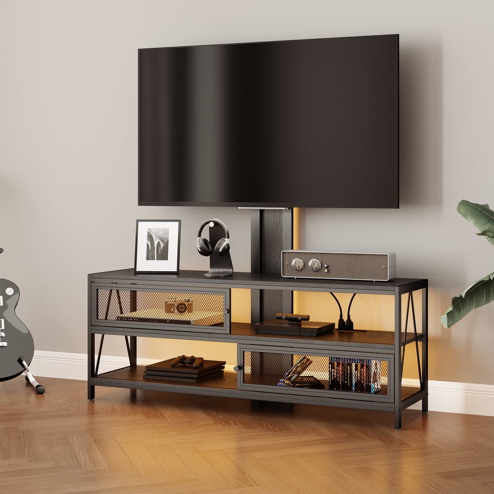 CozyHome TV Stand with Mount and LED Light, Swivel Entertainment Center ...