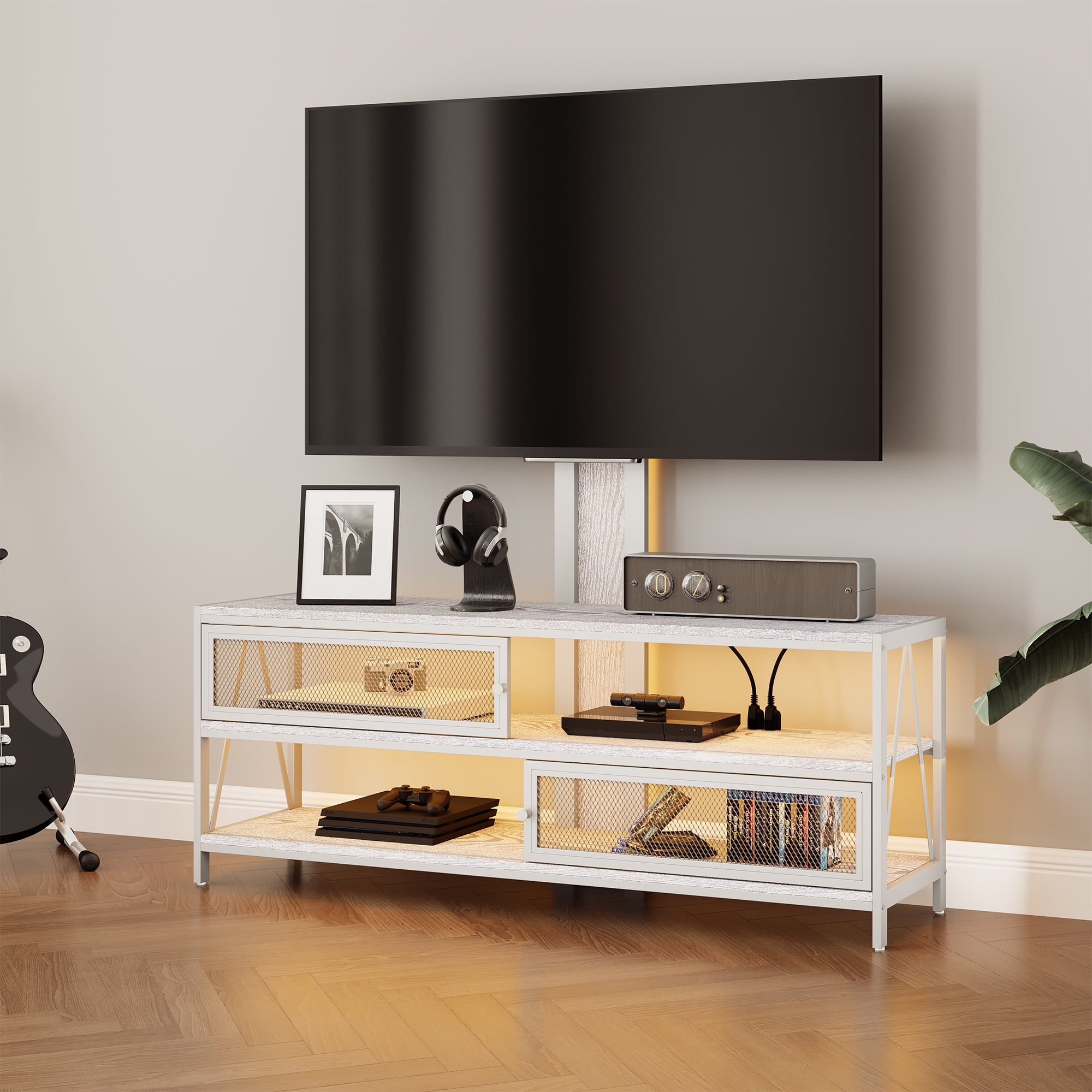 CozyHome TV Stand with Mount and LED Light, Swivel Entertainment Center ...