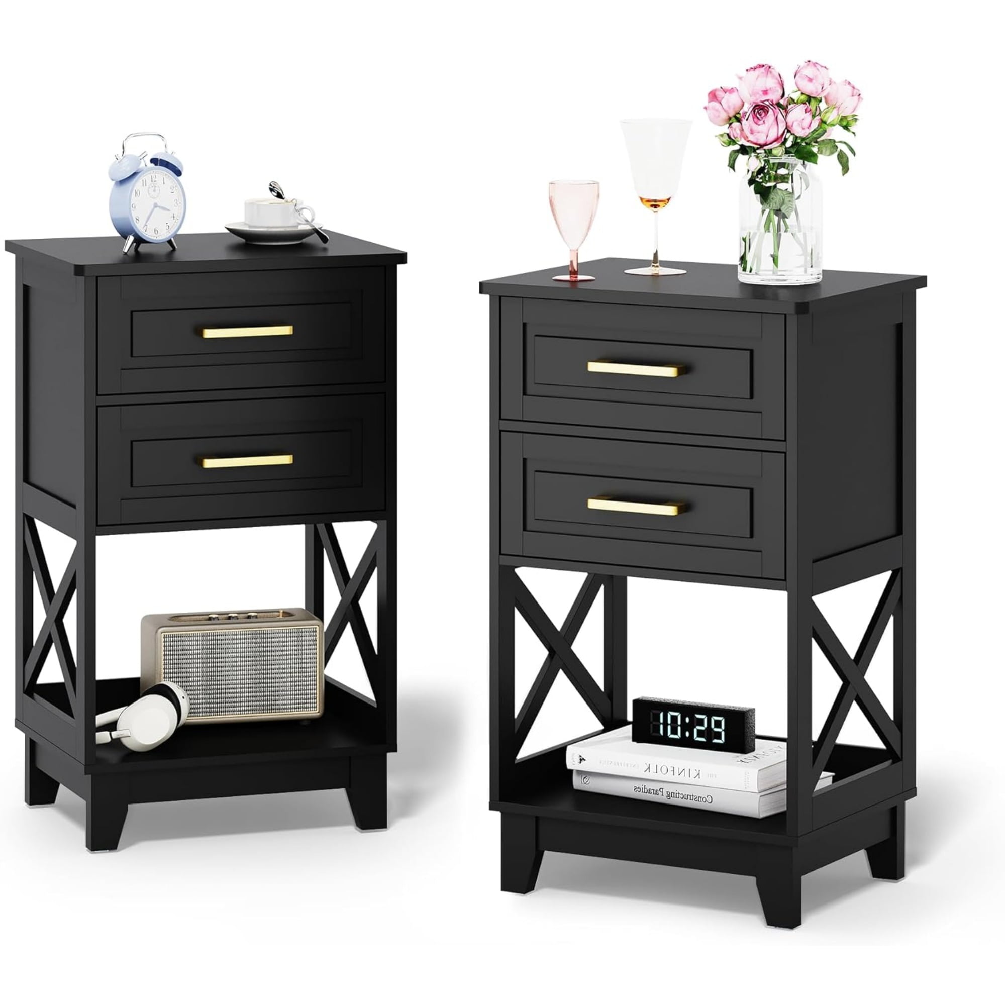 Cozy Home Tall Nightstand Set with 2 Drawers and Open Shelf - 2 Piece ...