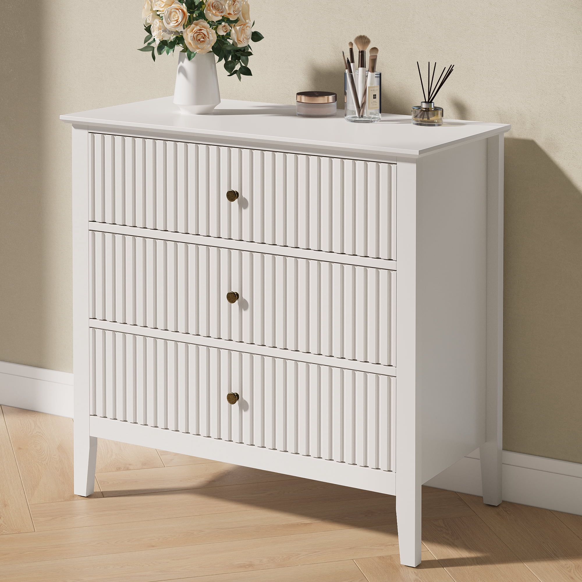 CozyHome White 3 Drawer Dresser, Painted 30 Inch Tall Wood Nightstand ...