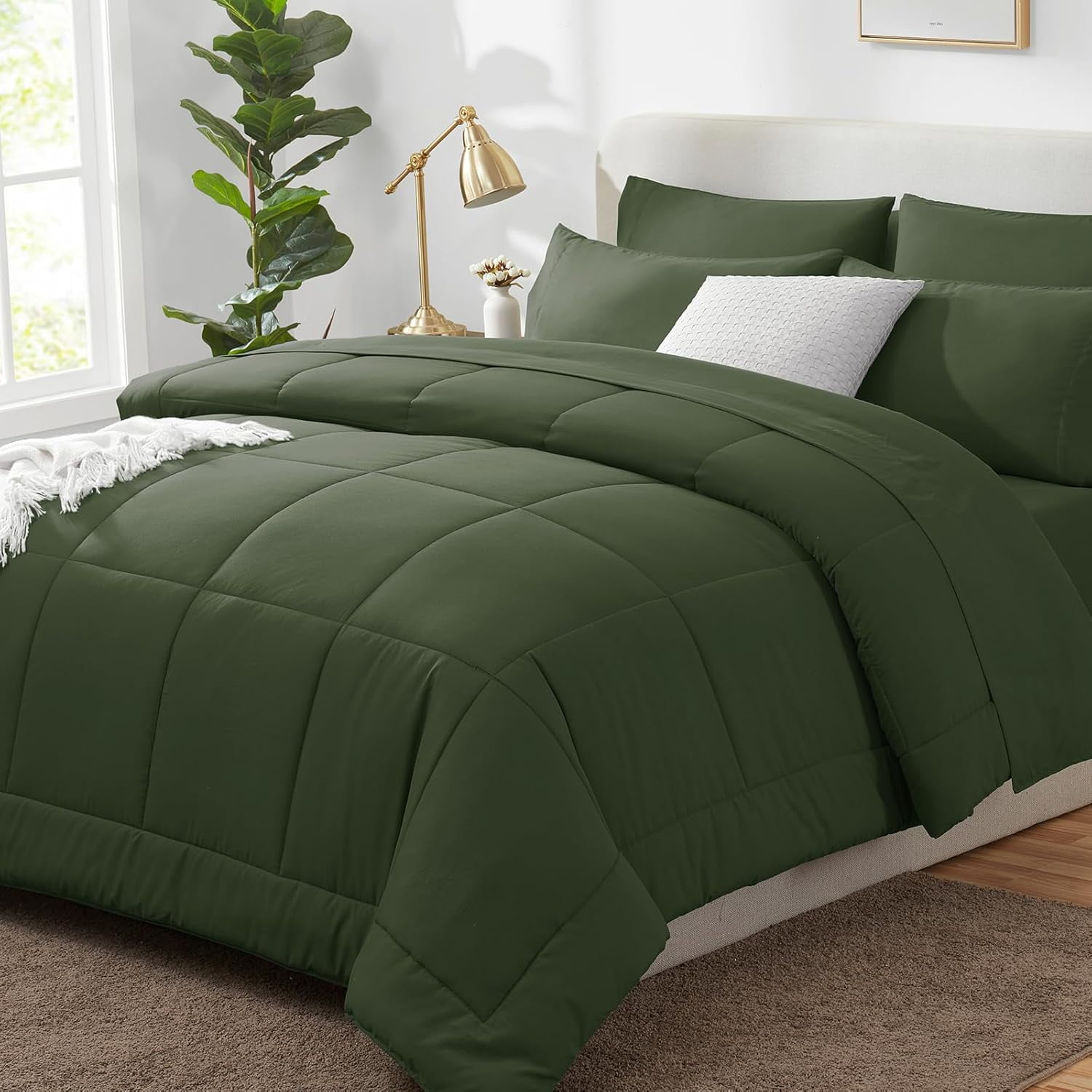 CozyLux Queen Comforter Set Olive Green, 7 Pieces Bed in a Bag, Green ...