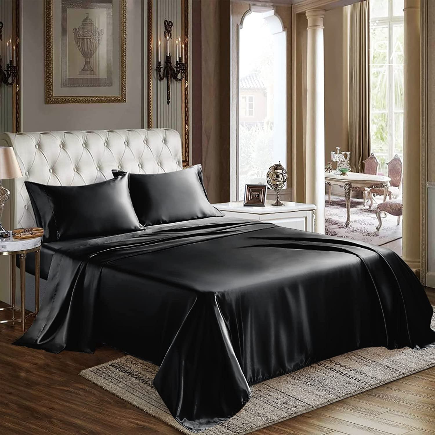 CozyLux Satin Sheets Full Size - 4 Piece Black Bed Sheet Set with Silky ...