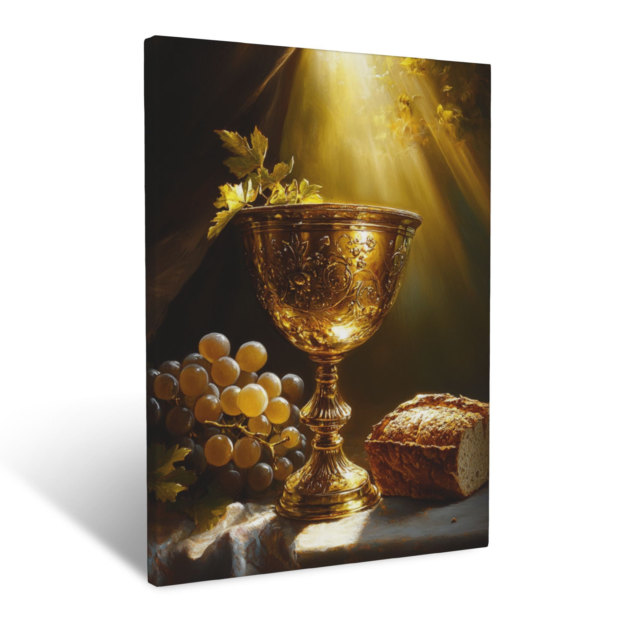 CozyNet A Golden Chalice With Radiant Light, Grapes, And A Loaf Of Holy ...