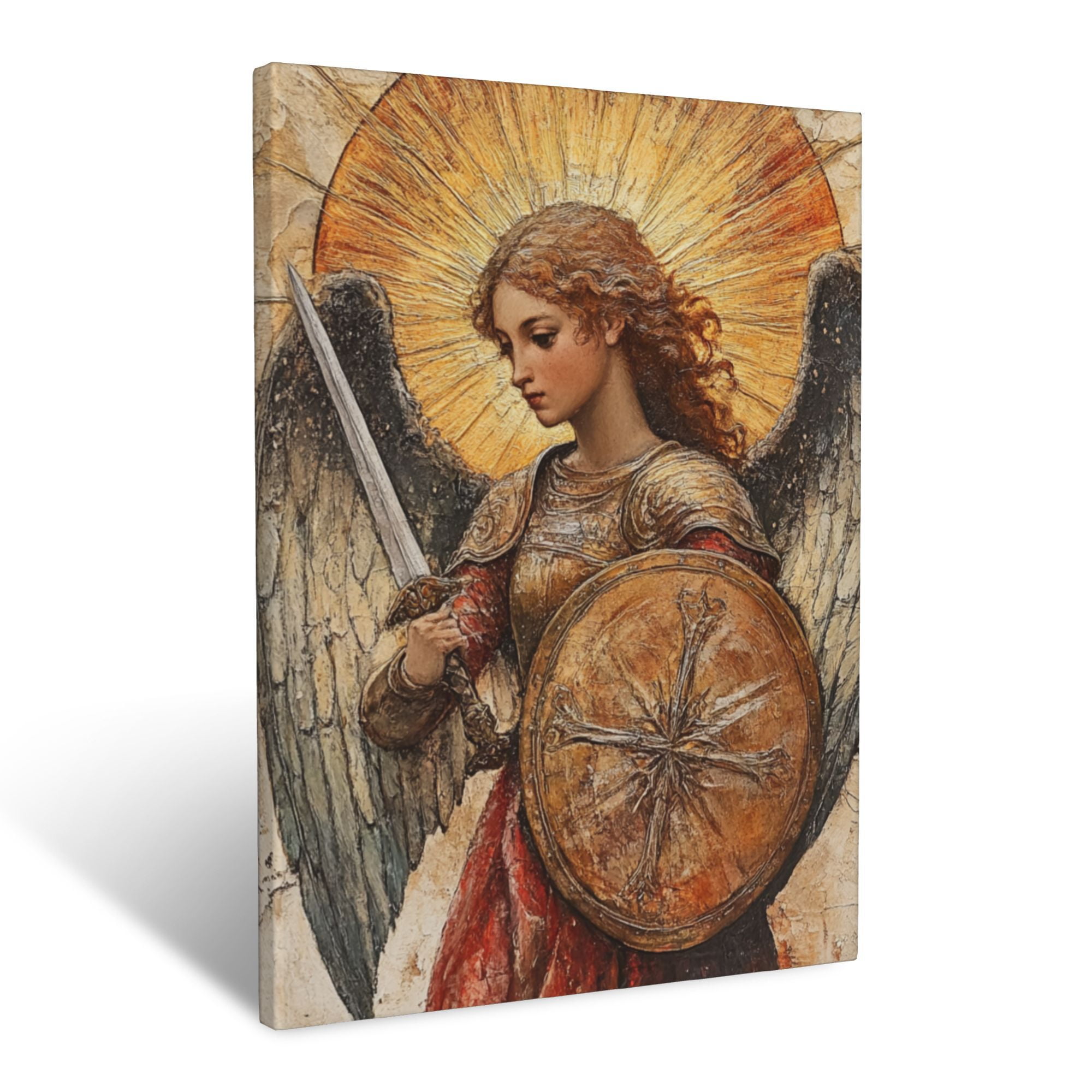 CozyNet A Radiant Angel Holding A Shield & Sword With Divine Light Wall ...