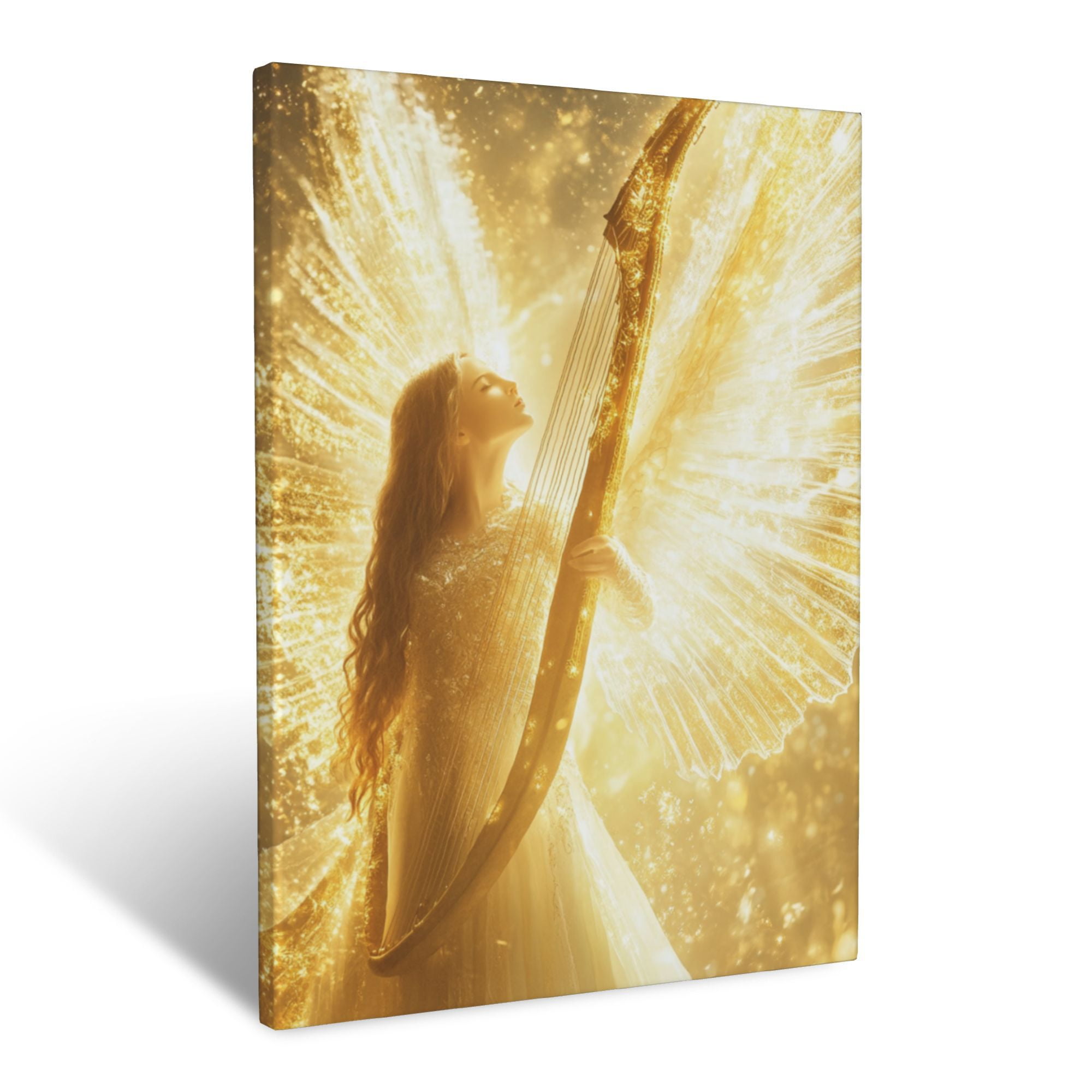 CozyNet Angel Holding A Glowing Harp Standing Under Golden Sunlight ...