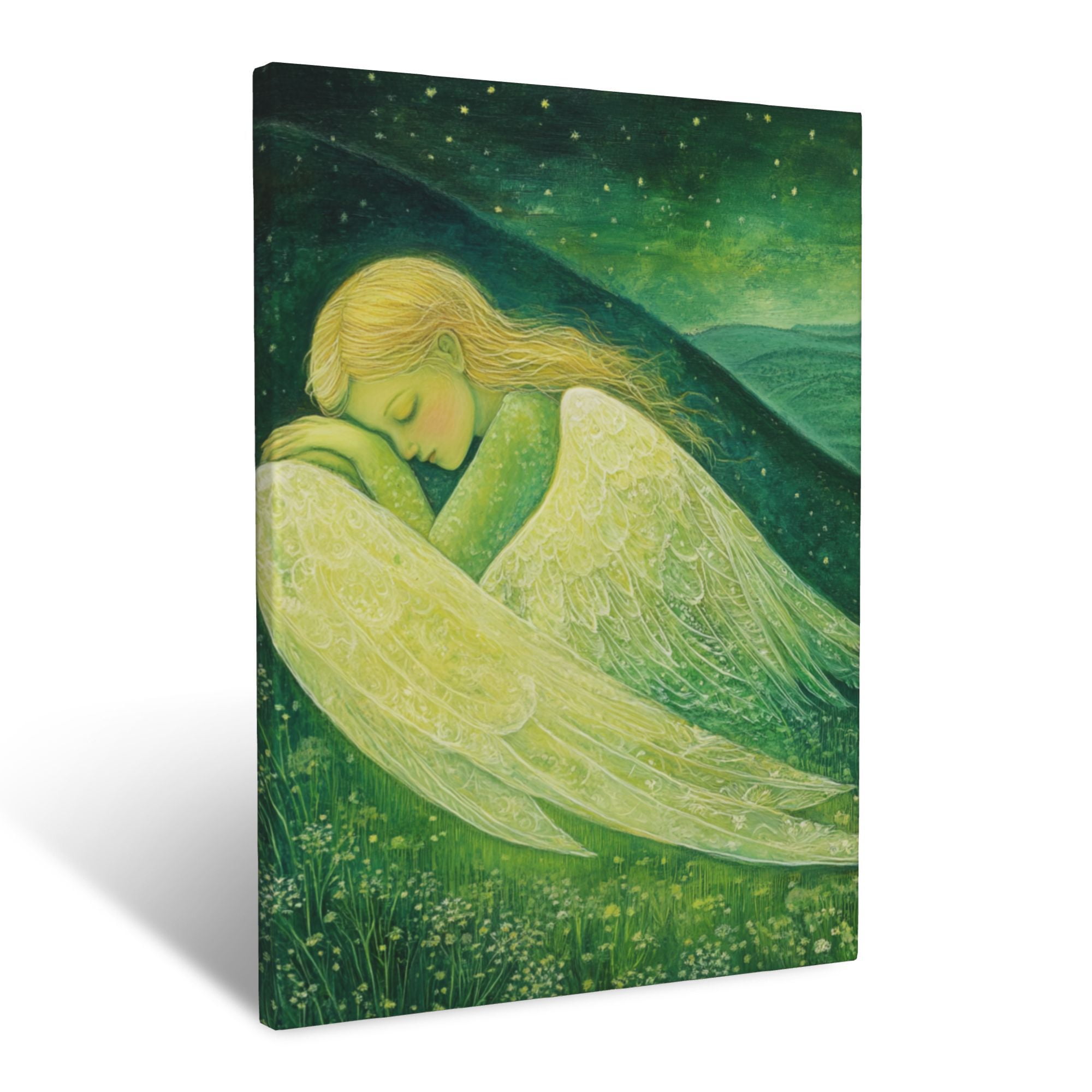 CozyNet Angel Resting On Glowing Green Meadows Serene Figure Glowing ...