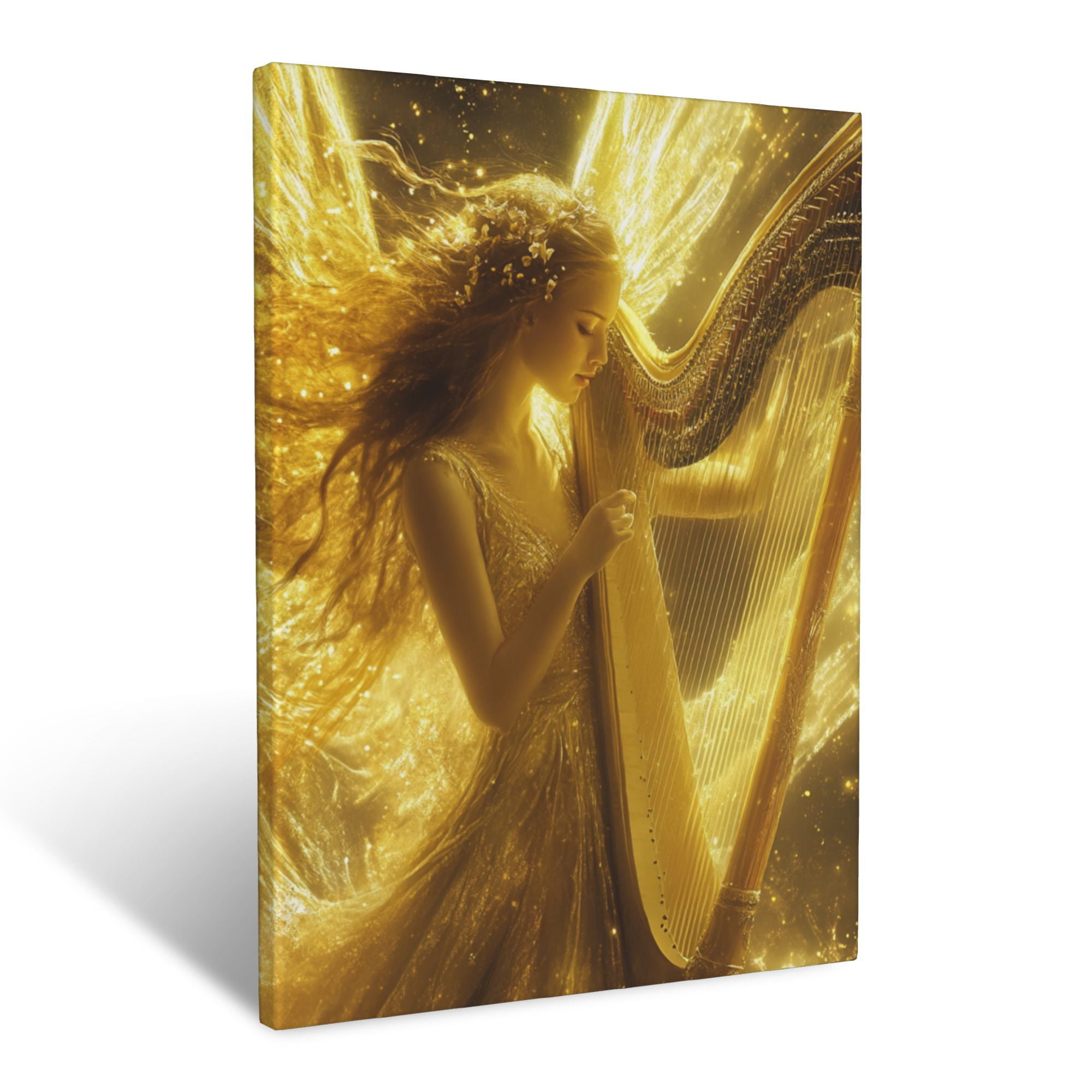 CozyNet Angel With Flowing Robes Holding A Harp Under Heavenly Golden ...
