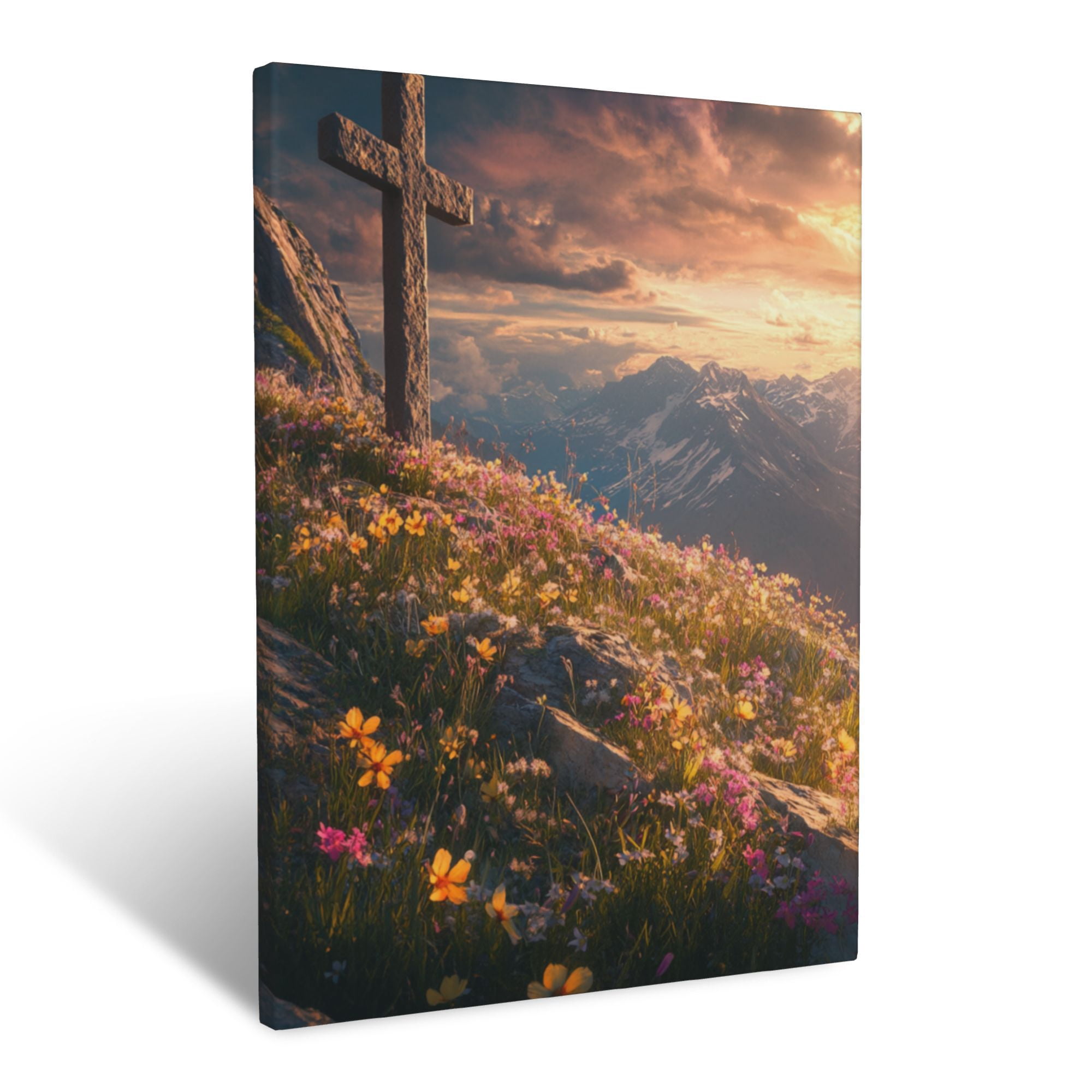 CozyNet Cross On A Mountainside With Blooming Wildflowers, Glowing ...