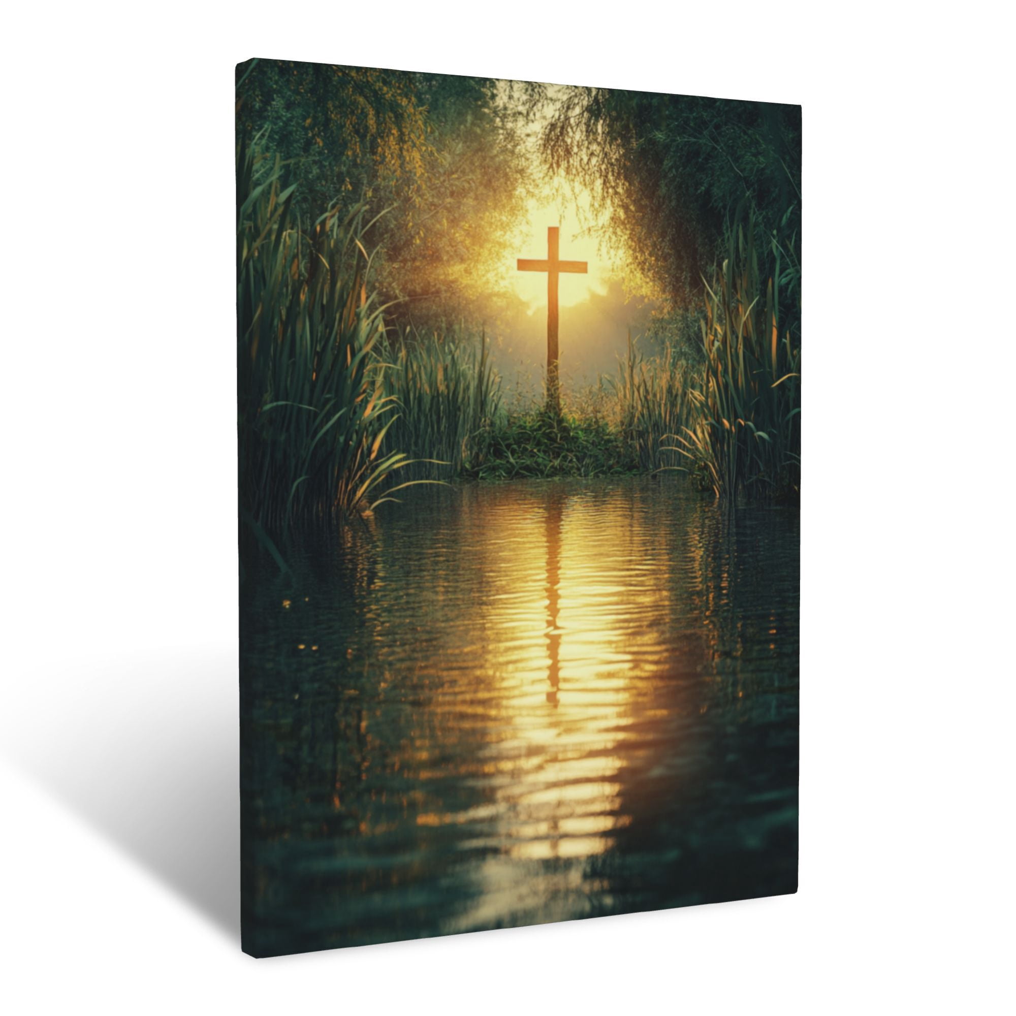 CozyNet Cross Reflected In A Peaceful River, Surrounded By Tall Reeds ...