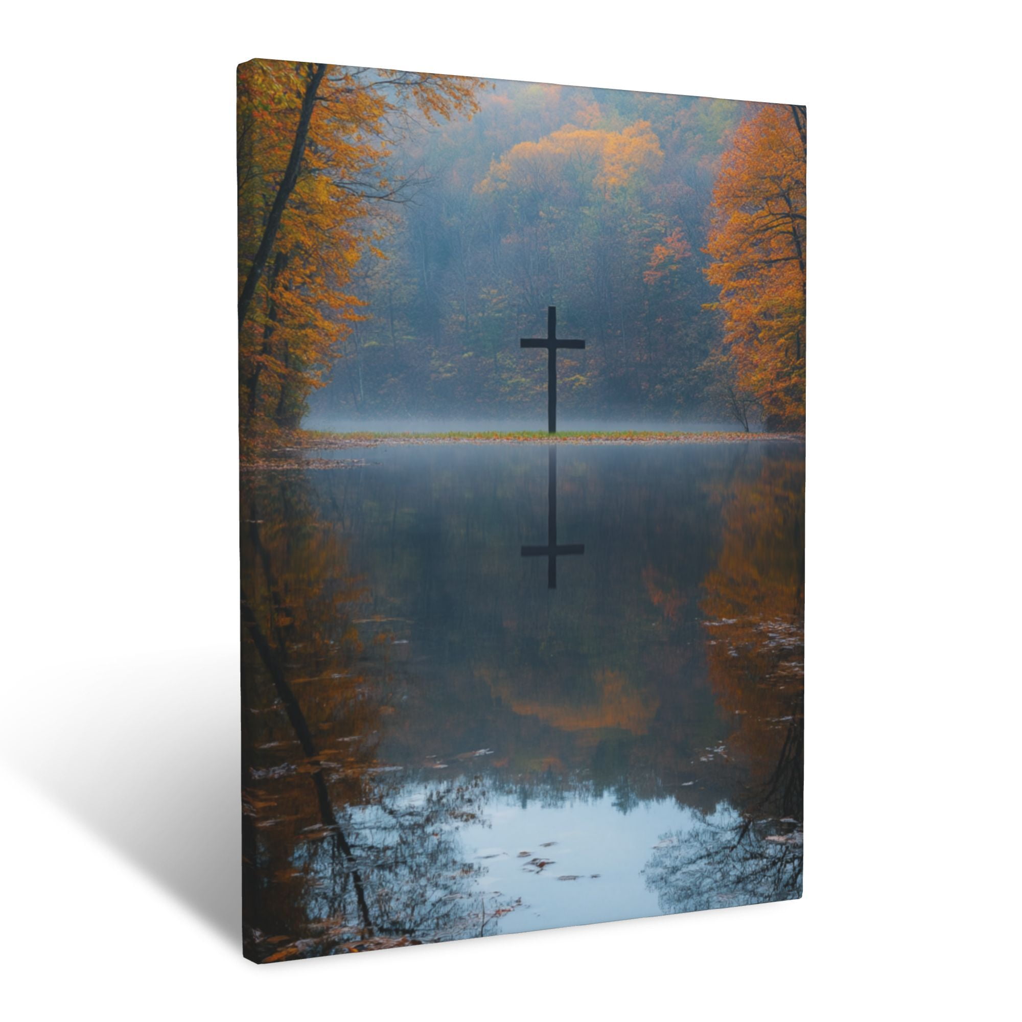 CozyNet Cross Reflected In A Tranquil Lake, Surrounded By Autumn ...