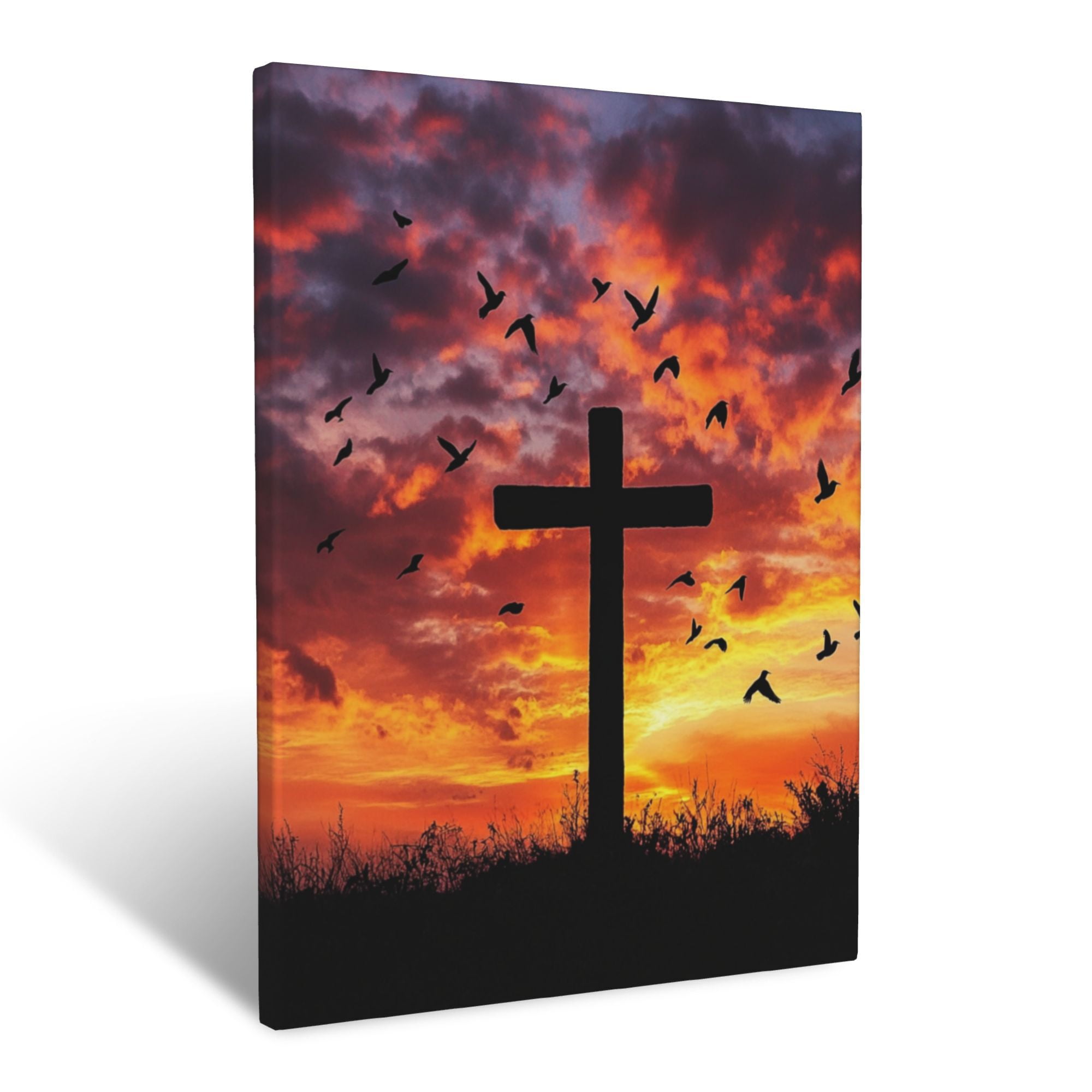 CozyNet Cross Silhouetted Against A Vibrant Sunset, Birds Flying Across ...