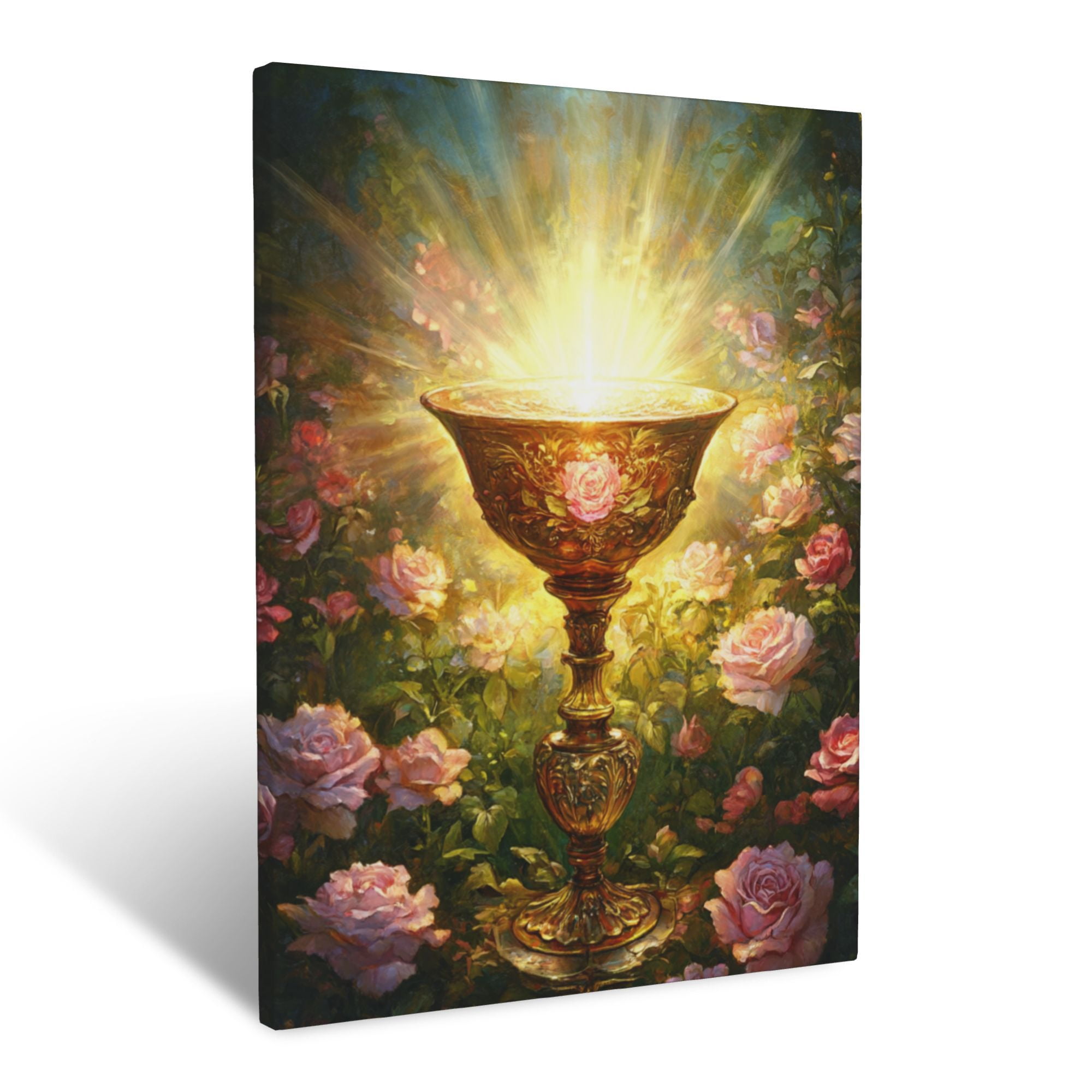 CozyNet A Glowing Chalice With Radiant Rays Amidst Blooming Roses ...