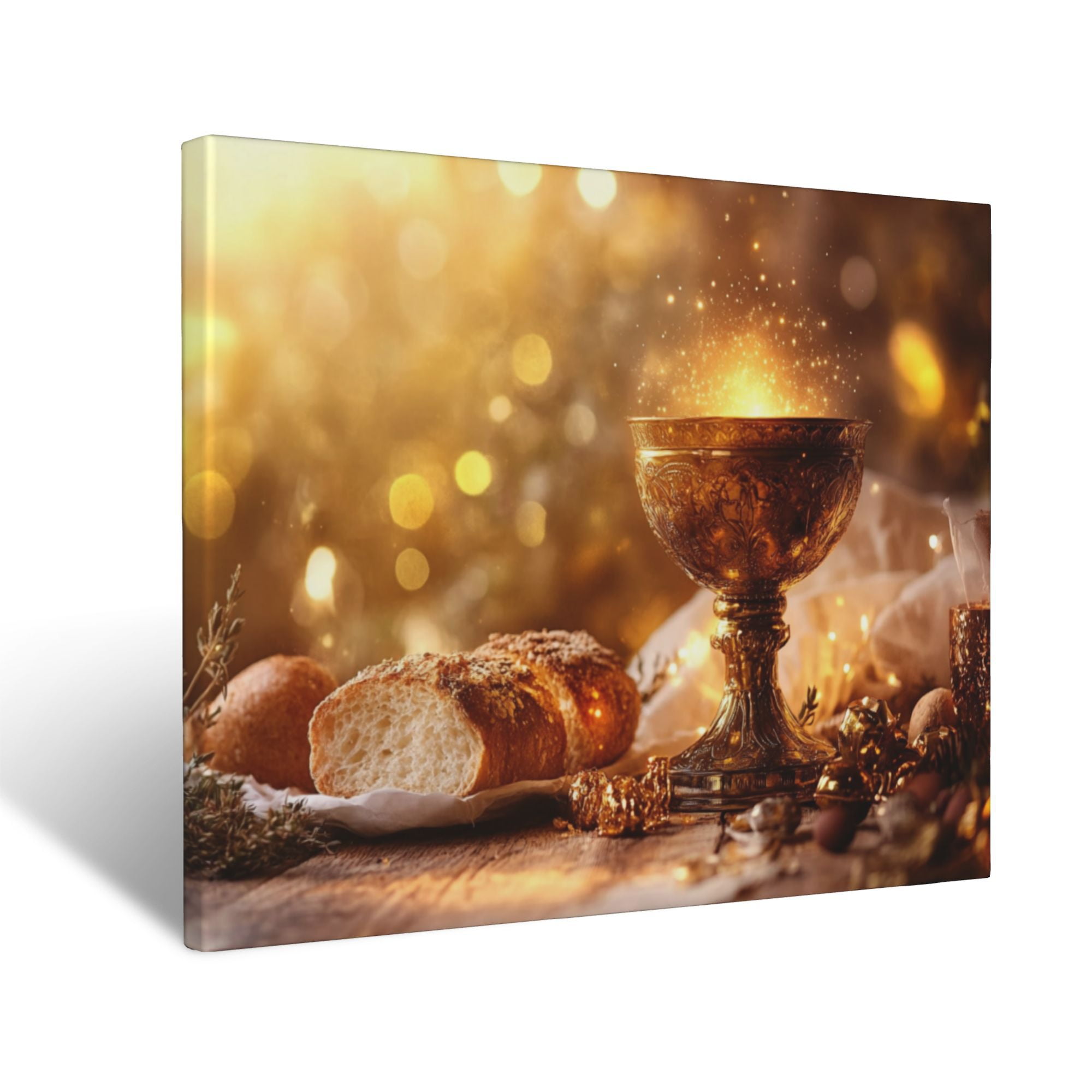 CozyNet Glowing Radiant Chalice Glowing On A Table With Golden Bread ...