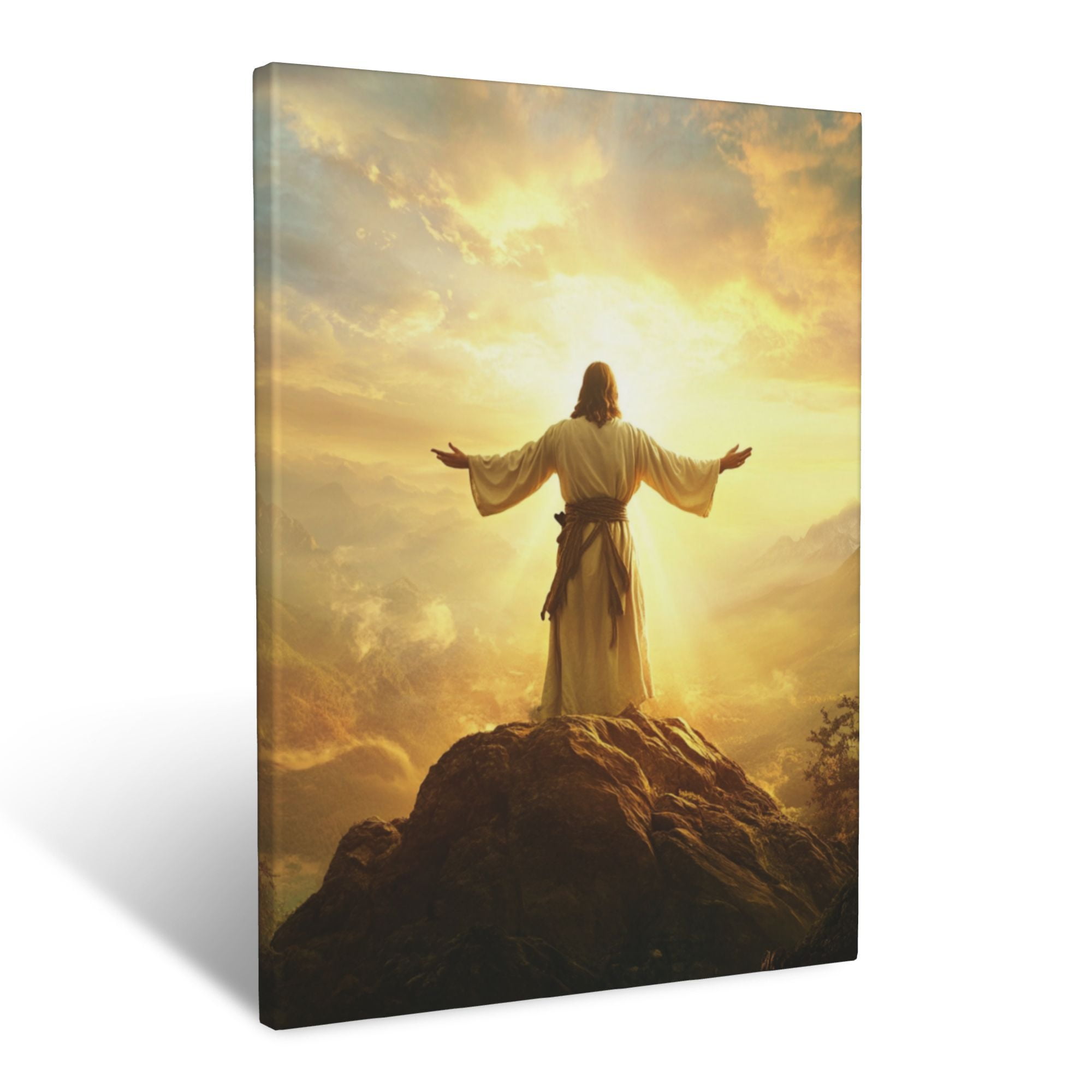 CozyNet Jesus Standing At A Mountain Edge, Arms Open Wide, Sunrise ...