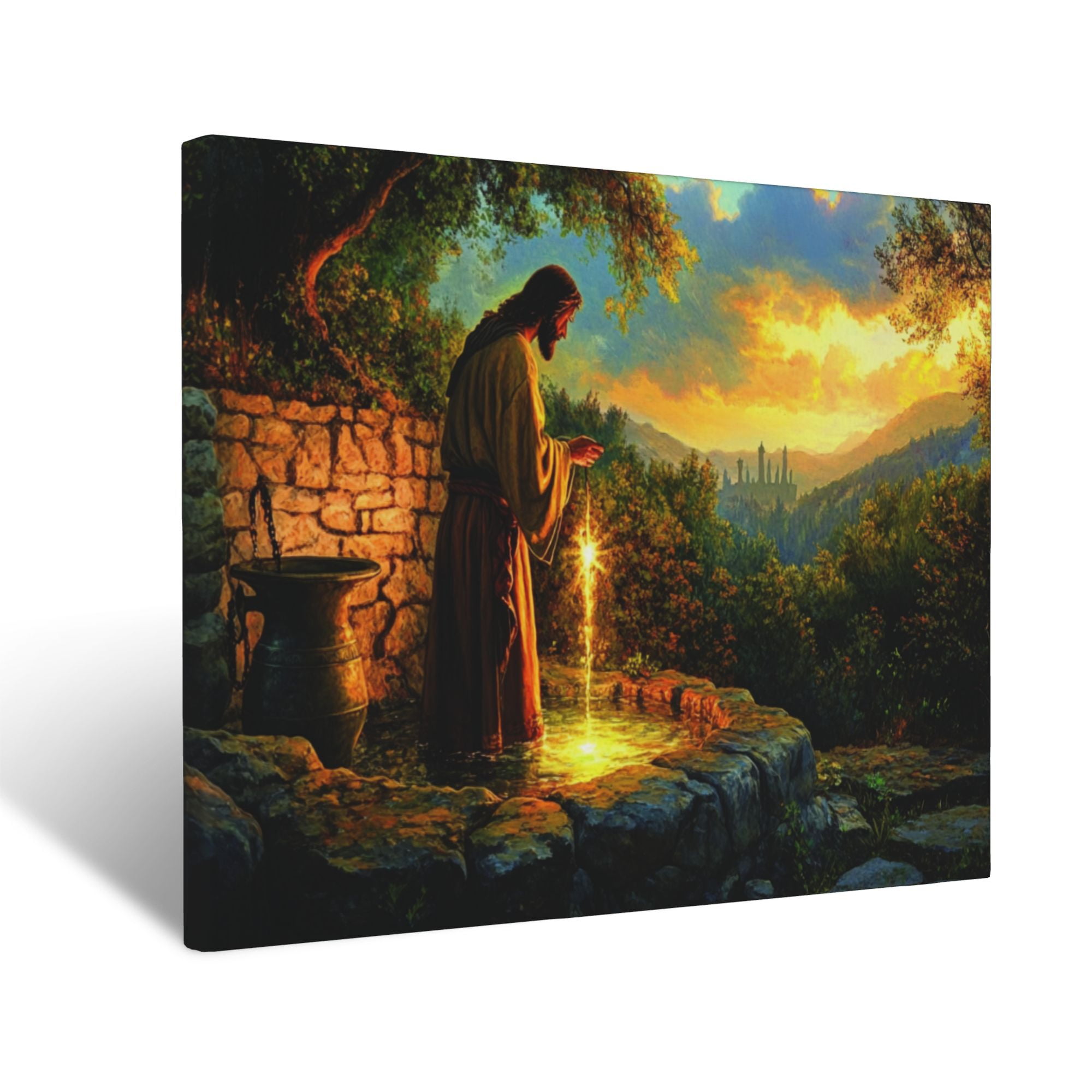CozyNet Jesus Standing At A Radiant Well, Offering Glowing Water To A ...