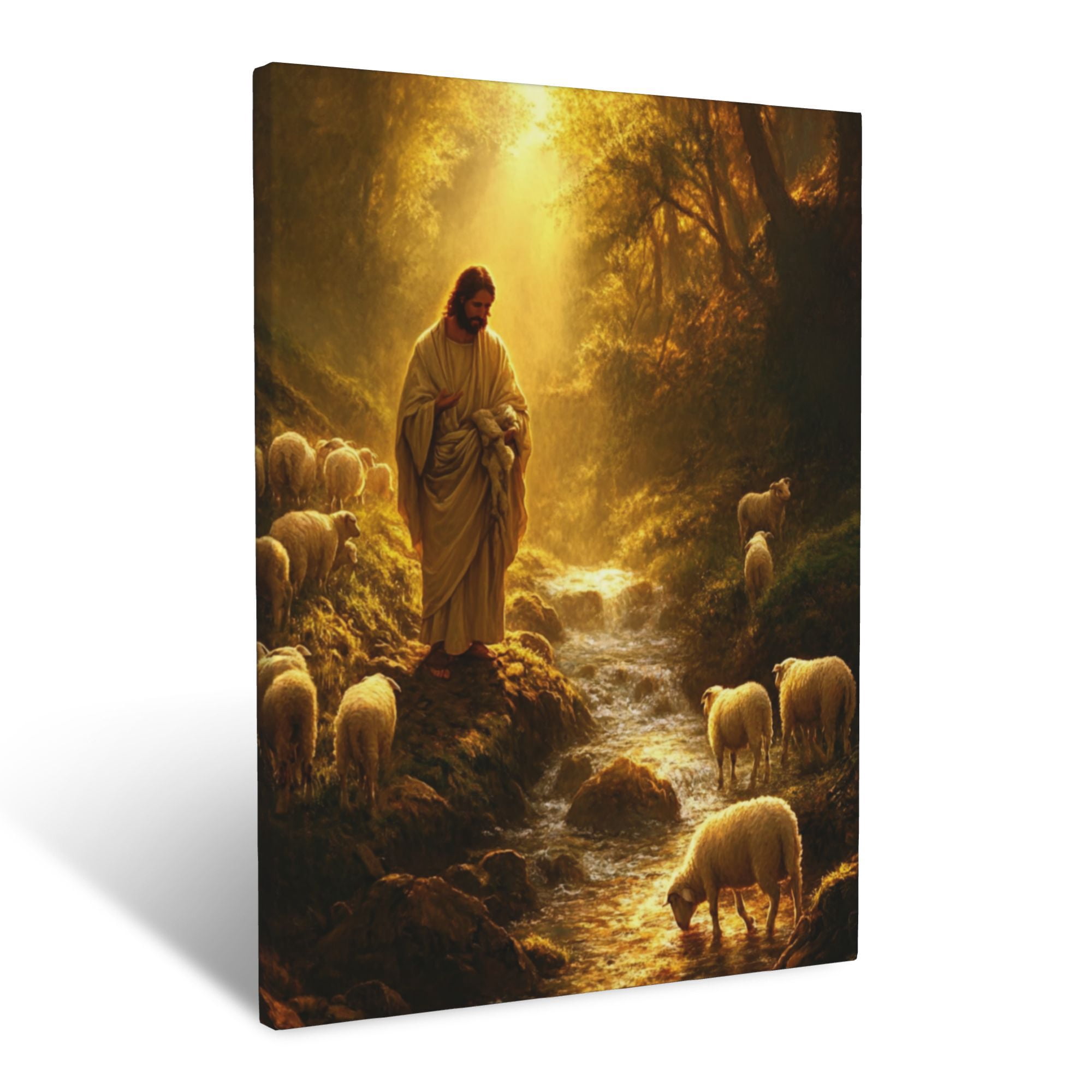 CozyNet Jesus Standing By A Glowing Stream Surrounded By Lambs And ...