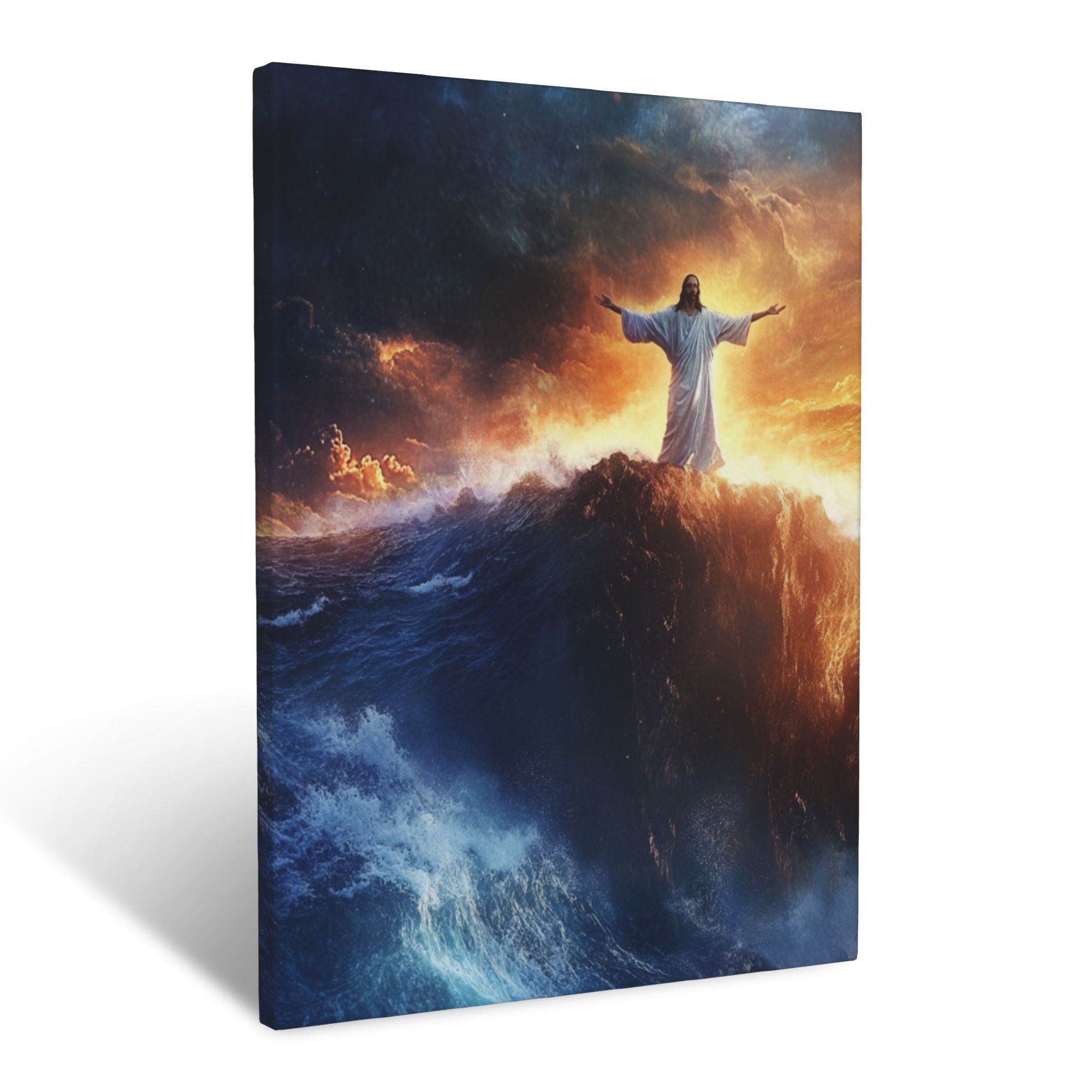CozyNet Jesus Standing With Open Arms At The Edge Of A Cliff, Glowing ...