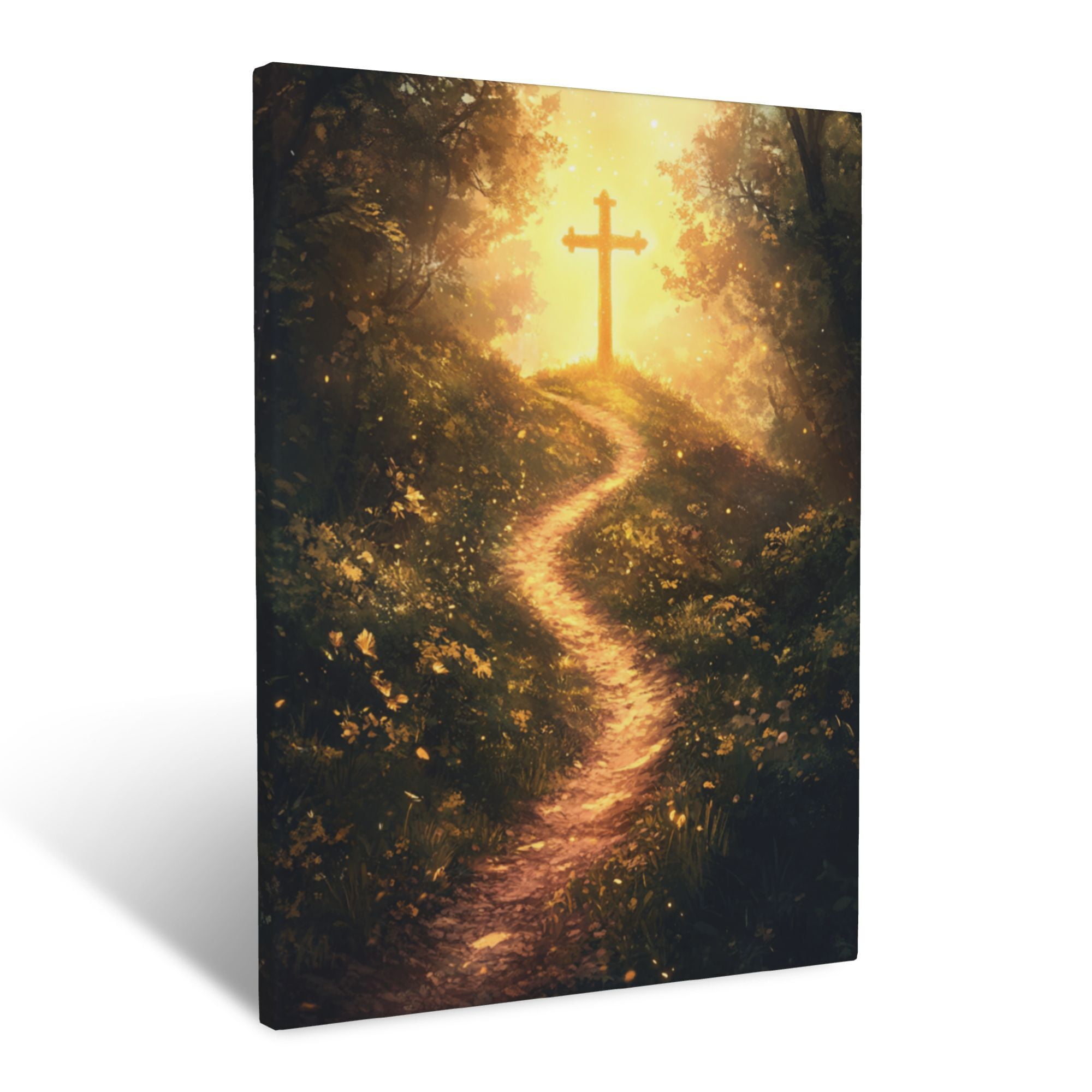 CozyNet Path Winding Through A Glowing Forest Leading To A Radiant Hilltop Cross Divine Light ...