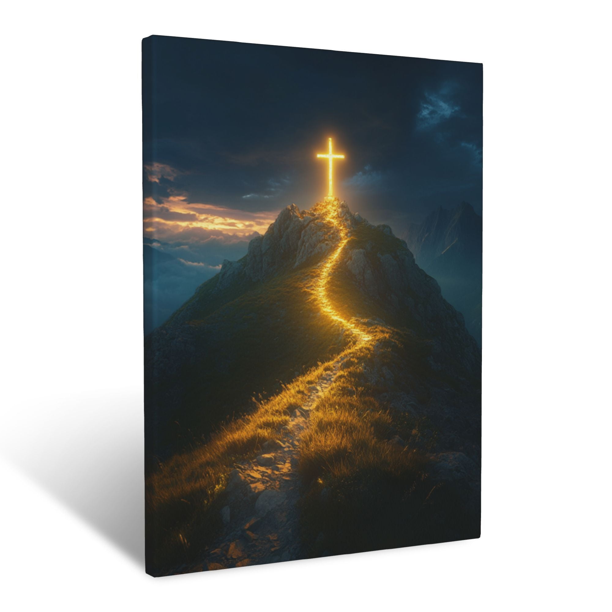 CozyNet Pathway To Glowing Mountaintop Cross Illuminated By Golden ...