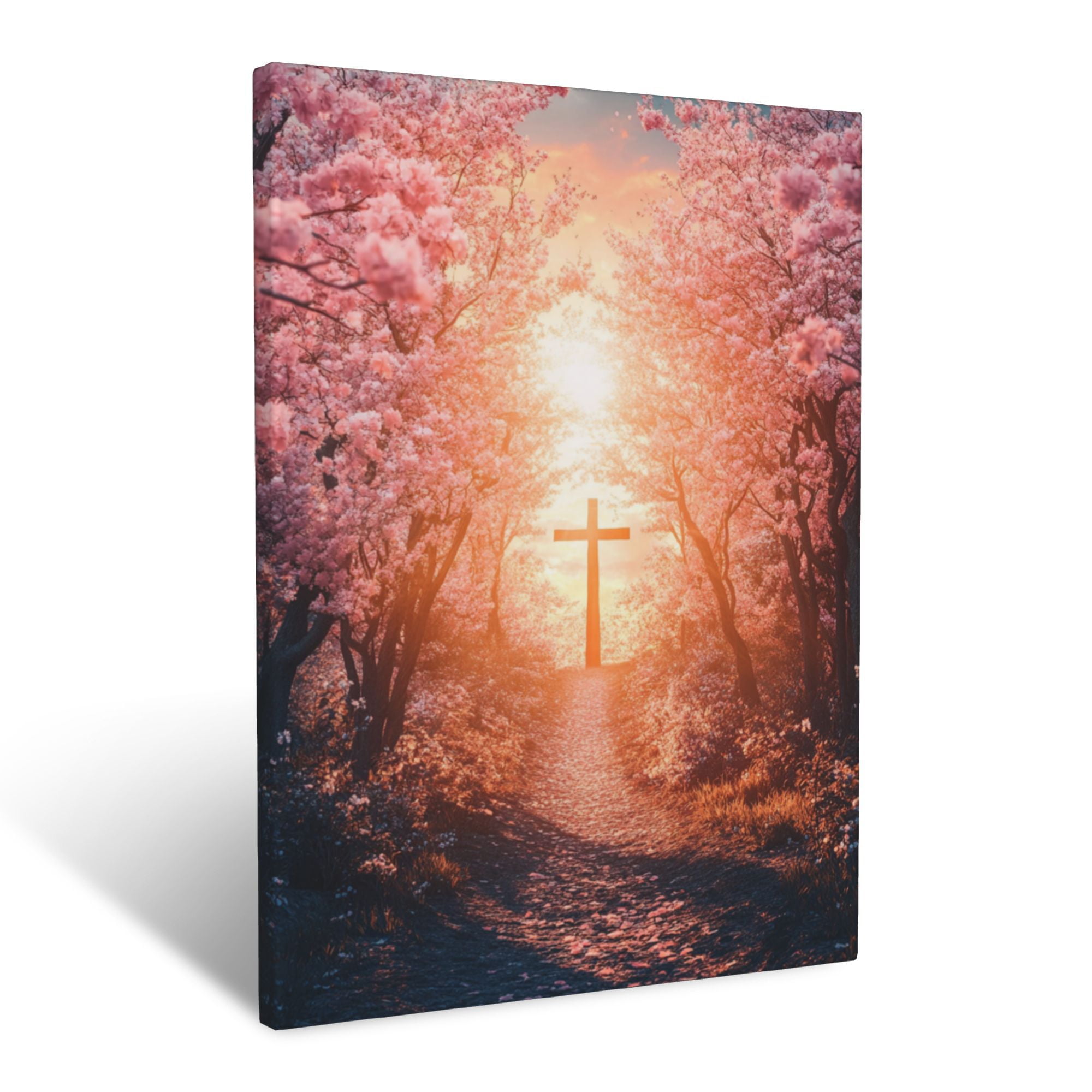 CozyNet Pathway Through Blooming Trees Leading To A Radiant Cross ...