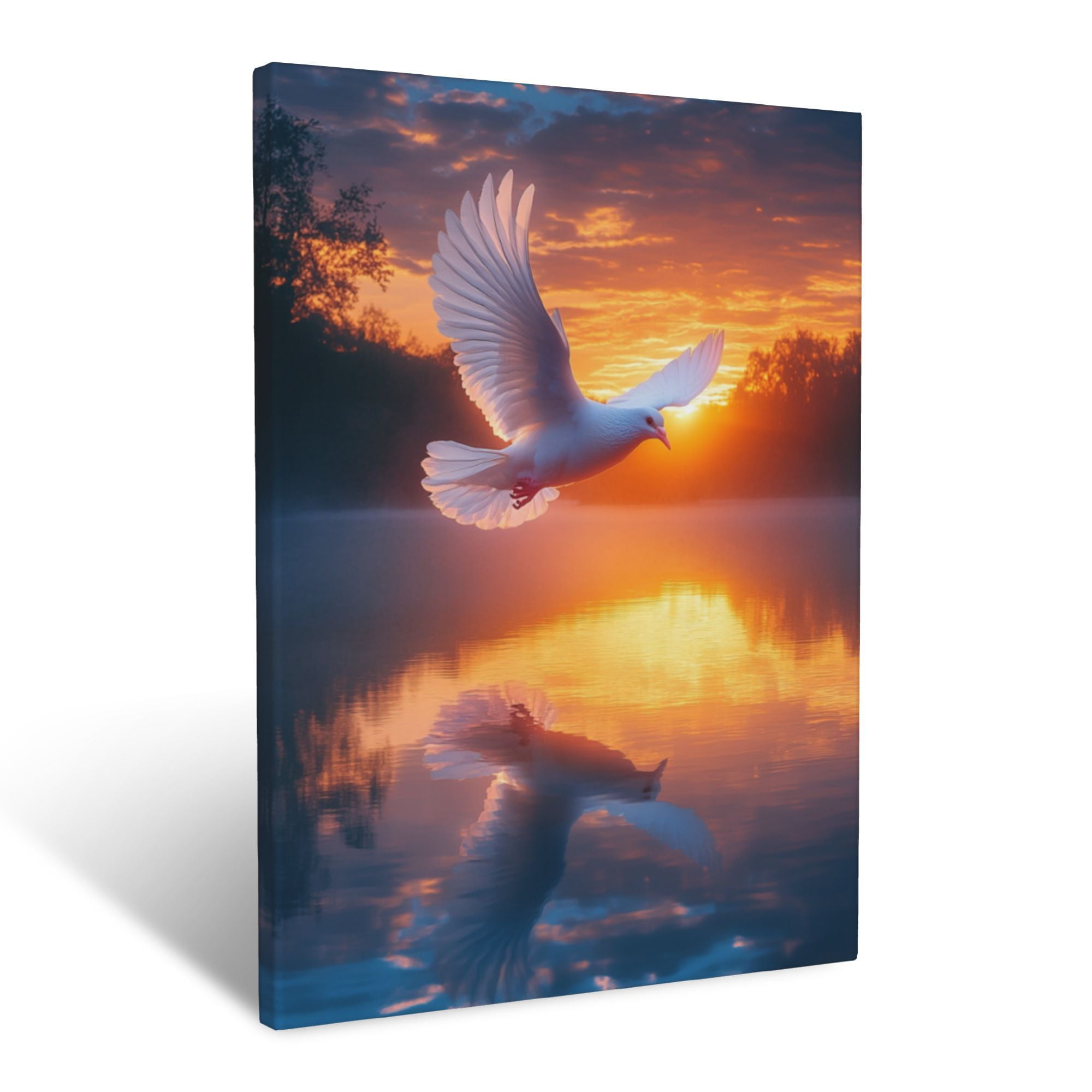 CozyNet A Radiant Dove Glowing As It Flies Over A Calm Lake At Sunrise ...