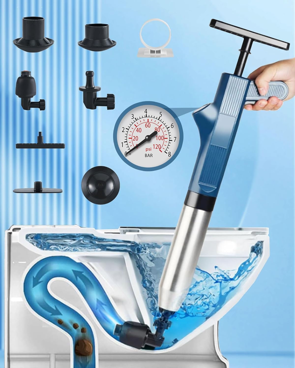 CozyOasis High Pressure Air Toilet Plunger Set, Stainless Steel Unclog ...