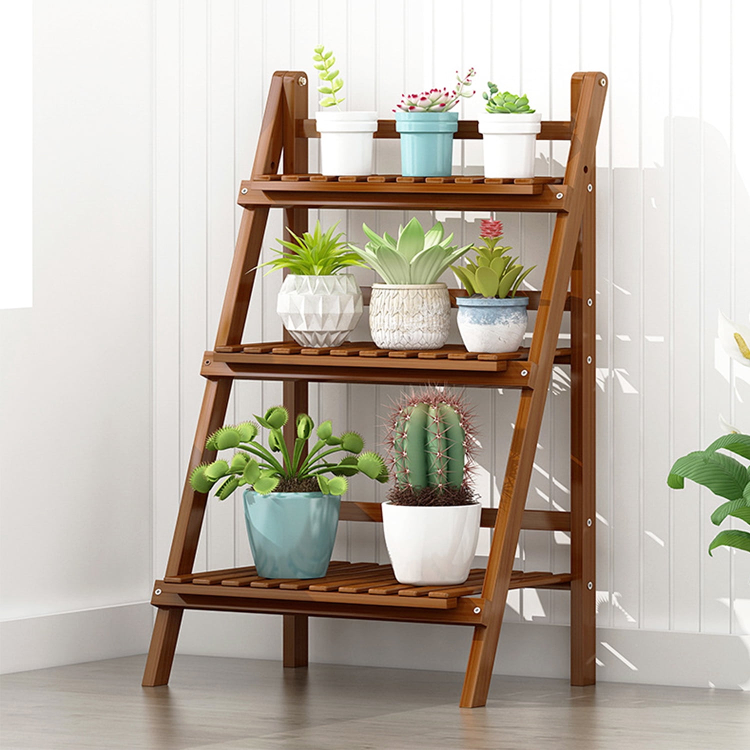 CozySound 3-Tier Foldable Ladder Shelf, Bamboo Folding Plant Stand ...