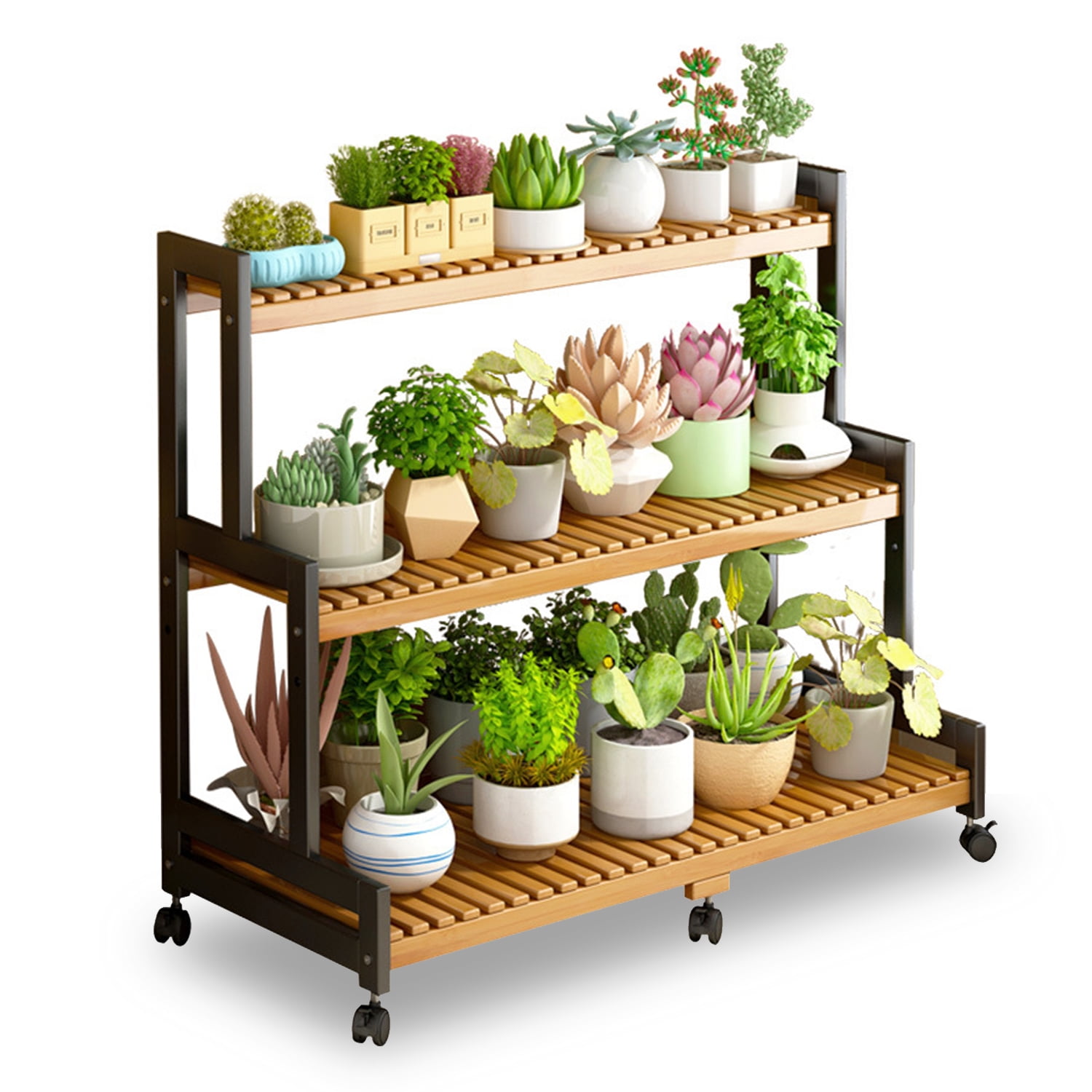 CozySound 3-Tier Thicken Ladder Shelf w/ Wheels, Bamboo Plant Stand ...