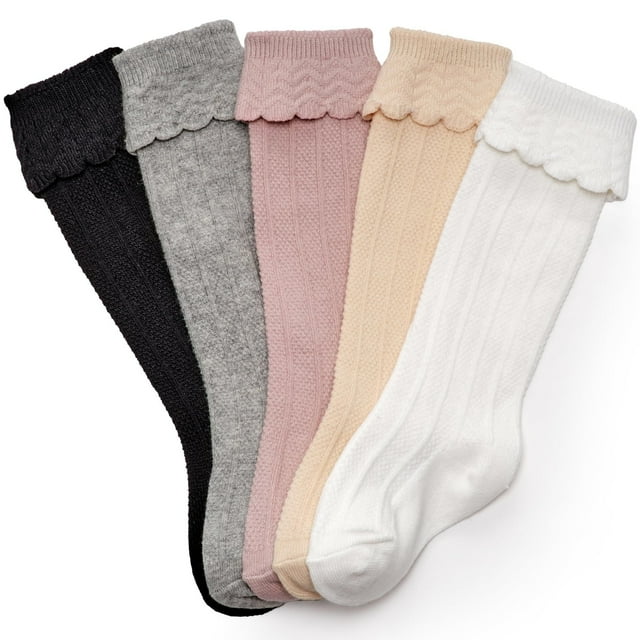 CozyWay Ruffled Baby Knee High Socks for Girls, 5 Pack, Neutral Pastels ...