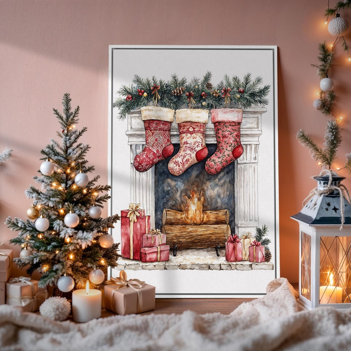 Cozyfireplace Poster Stockings Wall Art Boxes Poster Homely Festive ...