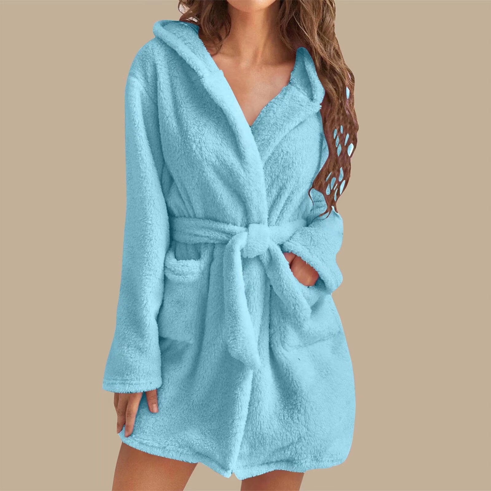 Cozyfort Fuzzy Robe for Women with Pockets Pure Color Hooded Plush ...
