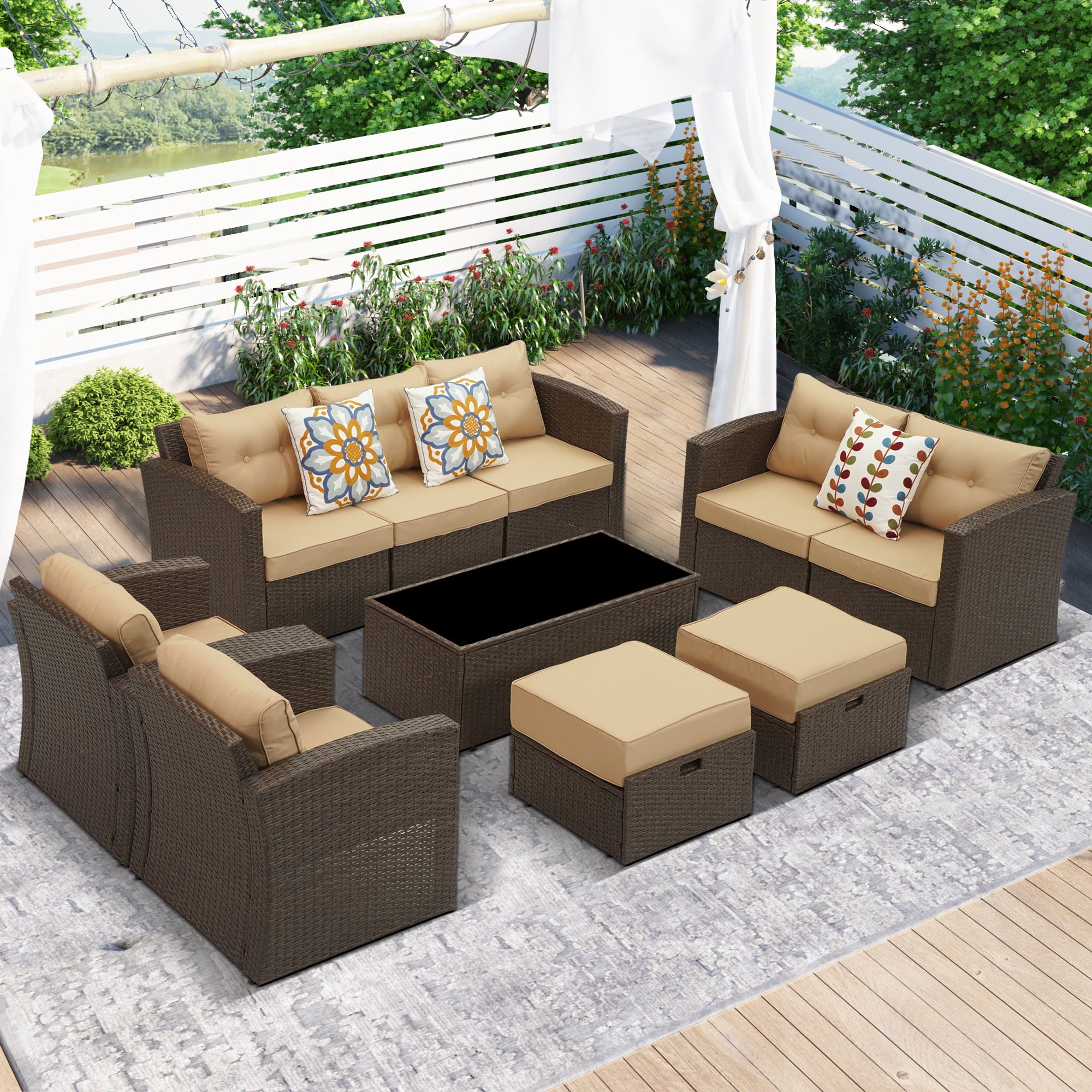 Cozyhom 10 Pieces Brown Wicker Rattan Furniture Indoor Set, Rattan ...