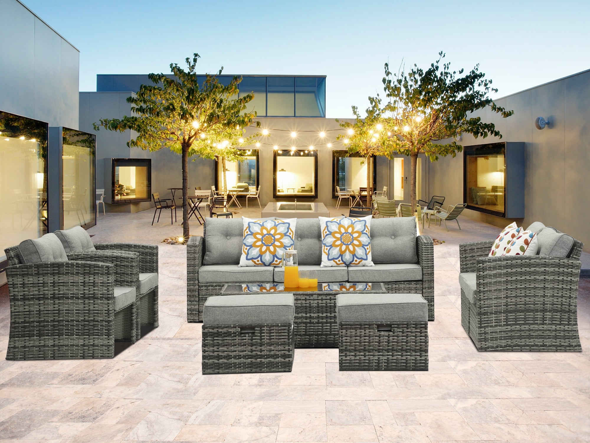 Cozyhom 10-Piece Brown Wicker Rattan Patio Set with Gray Cushions ...