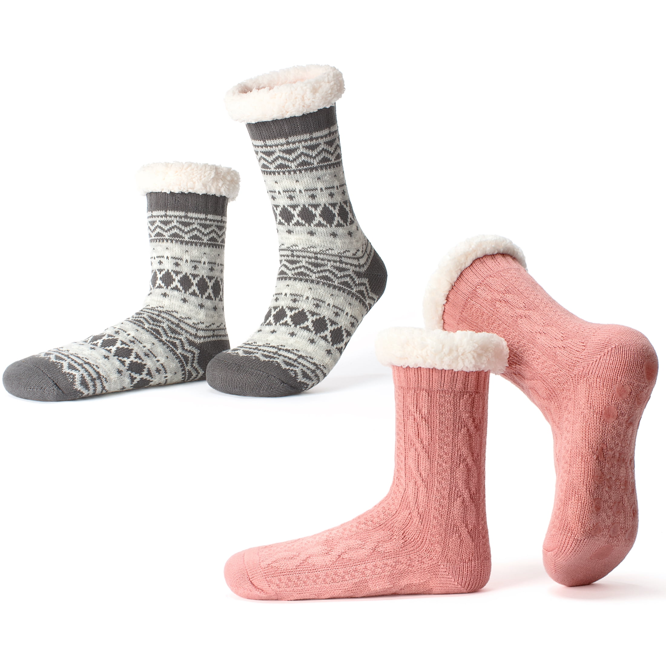 Cozylook 2-Pack Women's Fuzzy Slipper Socks Sherpa Lined, Non-Slip ...