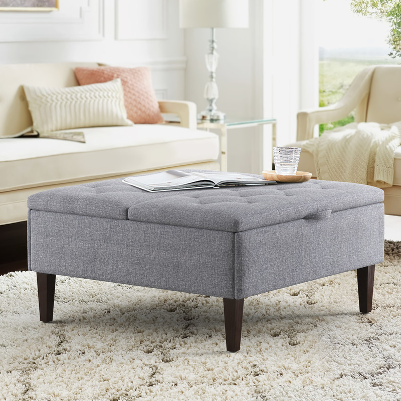 Better Homes & Gardens Round Tufted Storage Ottoman, Gray Faux Linen ...