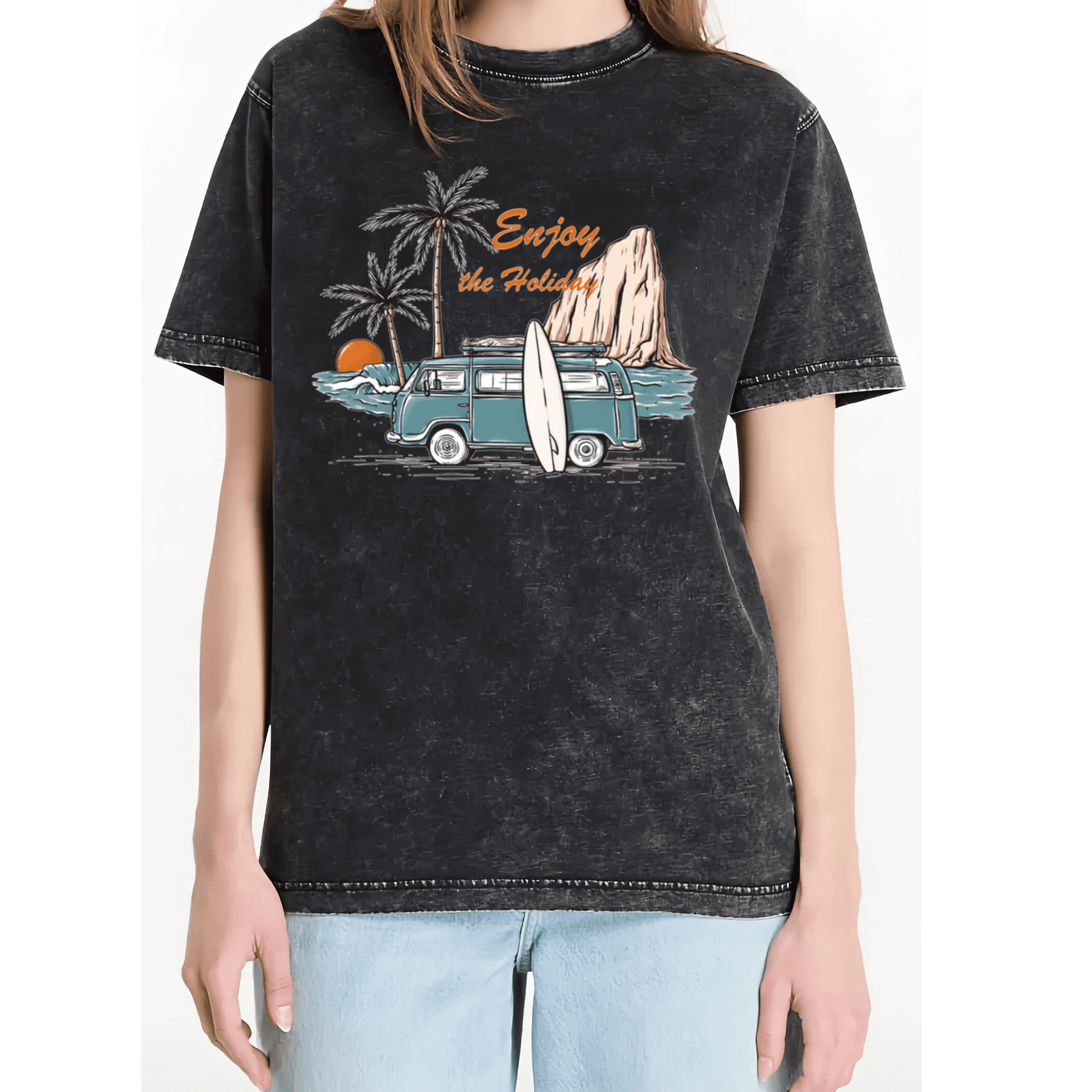 Cozymy Vintage Enjoy The Holiday Beach Van Washed Short Sleeve Crew ...