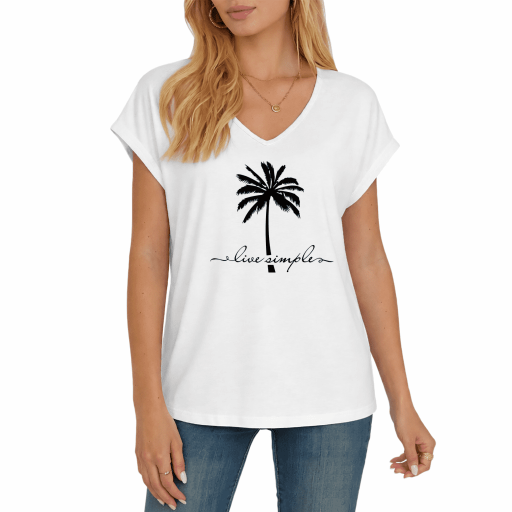 Cozymy Women's Black Live Simple Palm Tree Graphic V-Neck Short Sleeve ...