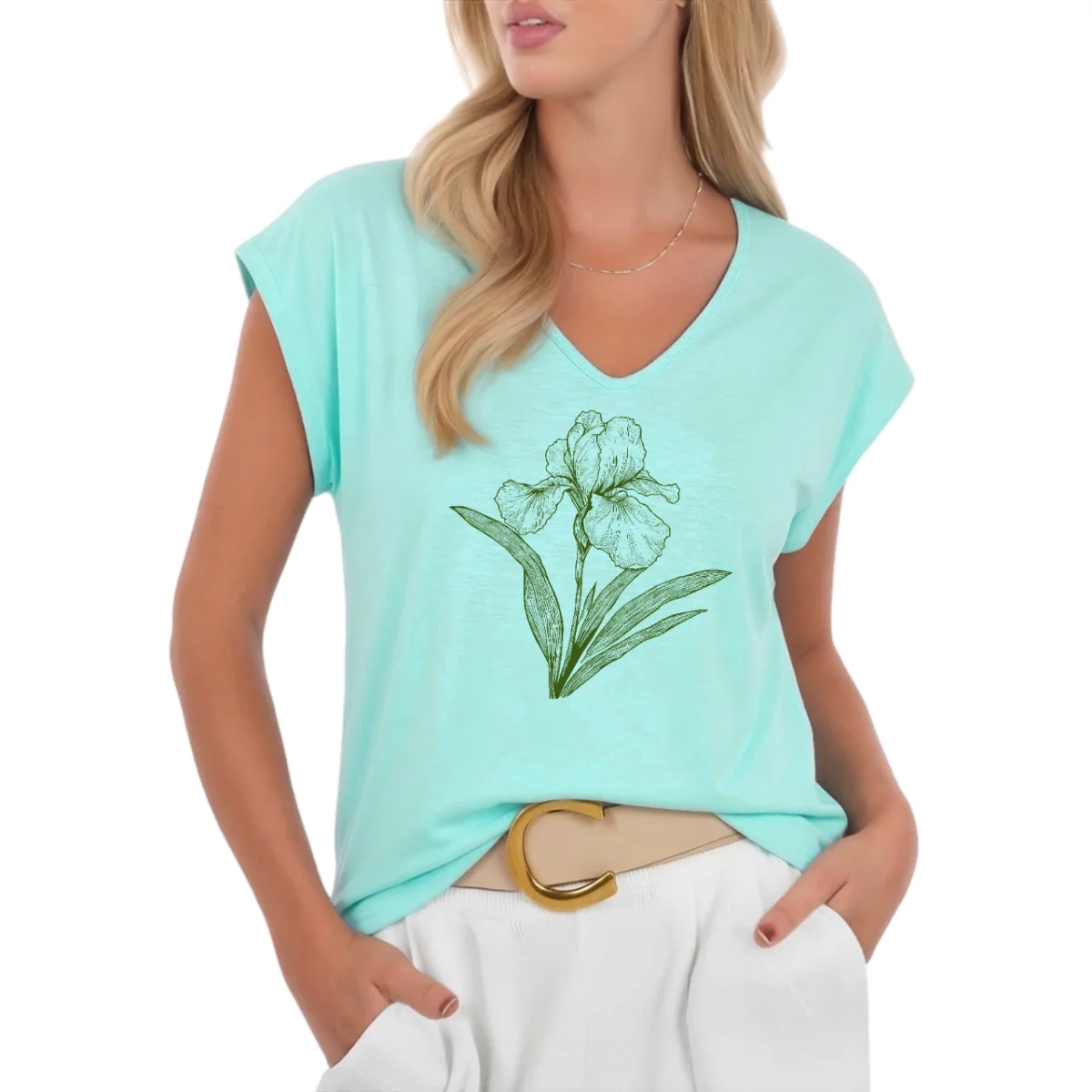 Cozymy Women's Blue Green Iris Flower Sketch V-Neck Sleeveless T-Shirt ...