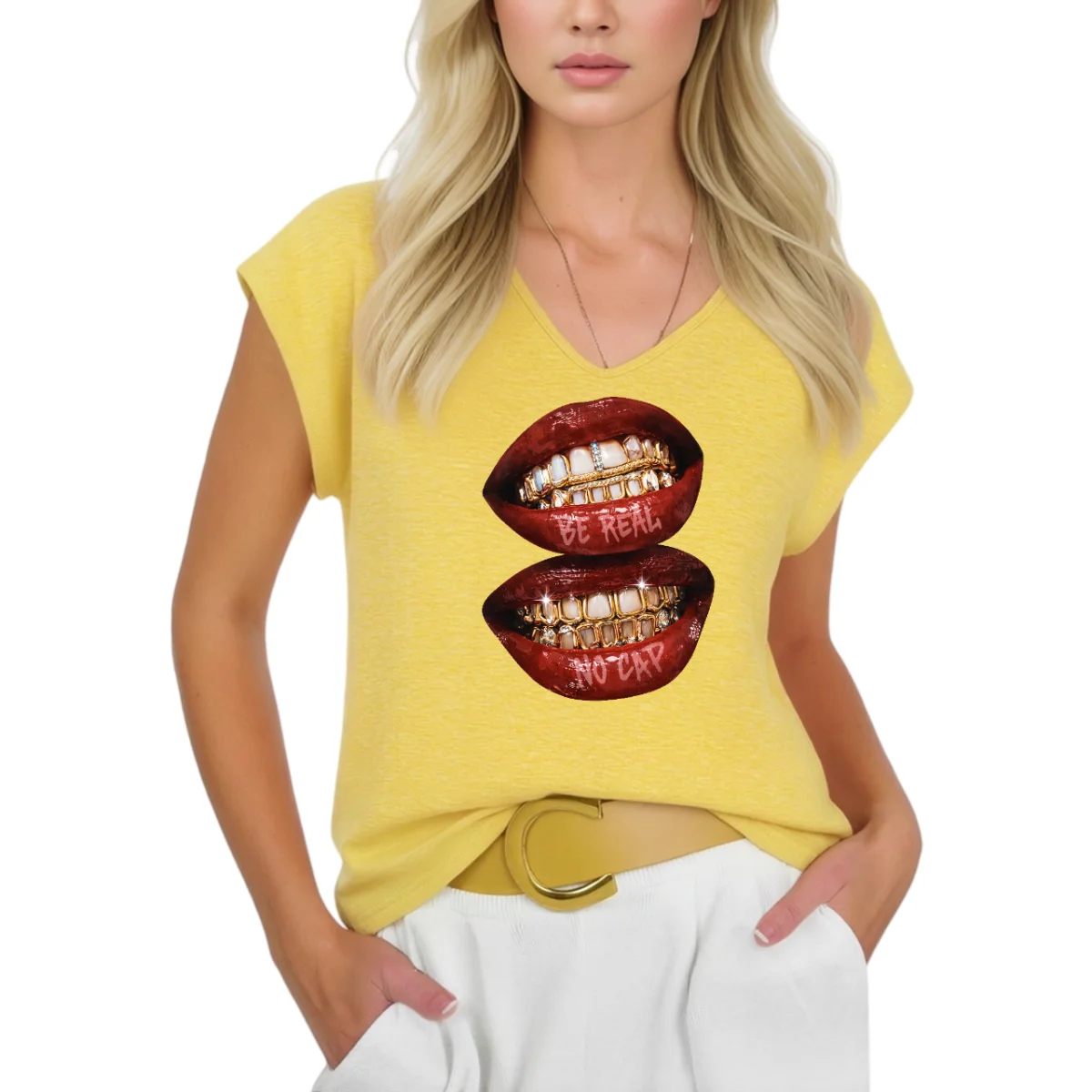 Cozymy Women's Bold No Cap Lips Design V-Neck Sleeveless T-Shirt ...