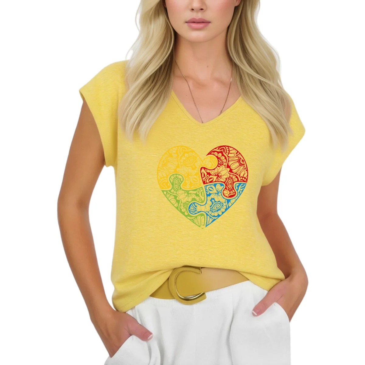 Cozymy Women's Colorful Puzzle Heart Autism V-Neck Sleeveless Tee ...
