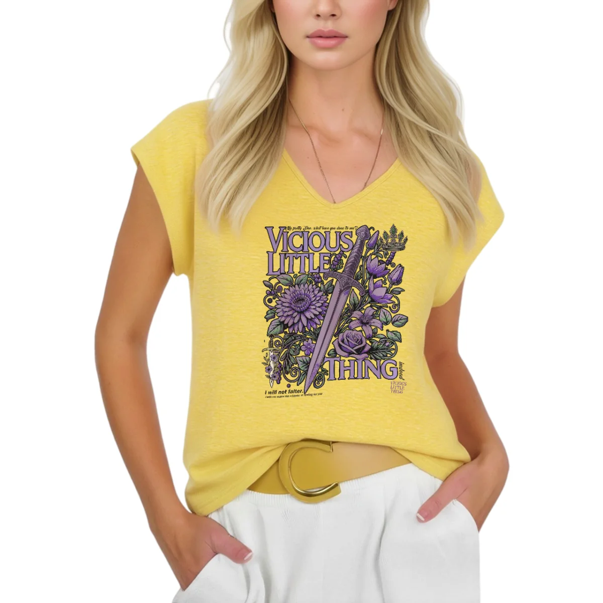Cozymy Women's Dark Fantasy Floral Sword Art V-Neck Sleeveless T-Shirt ...