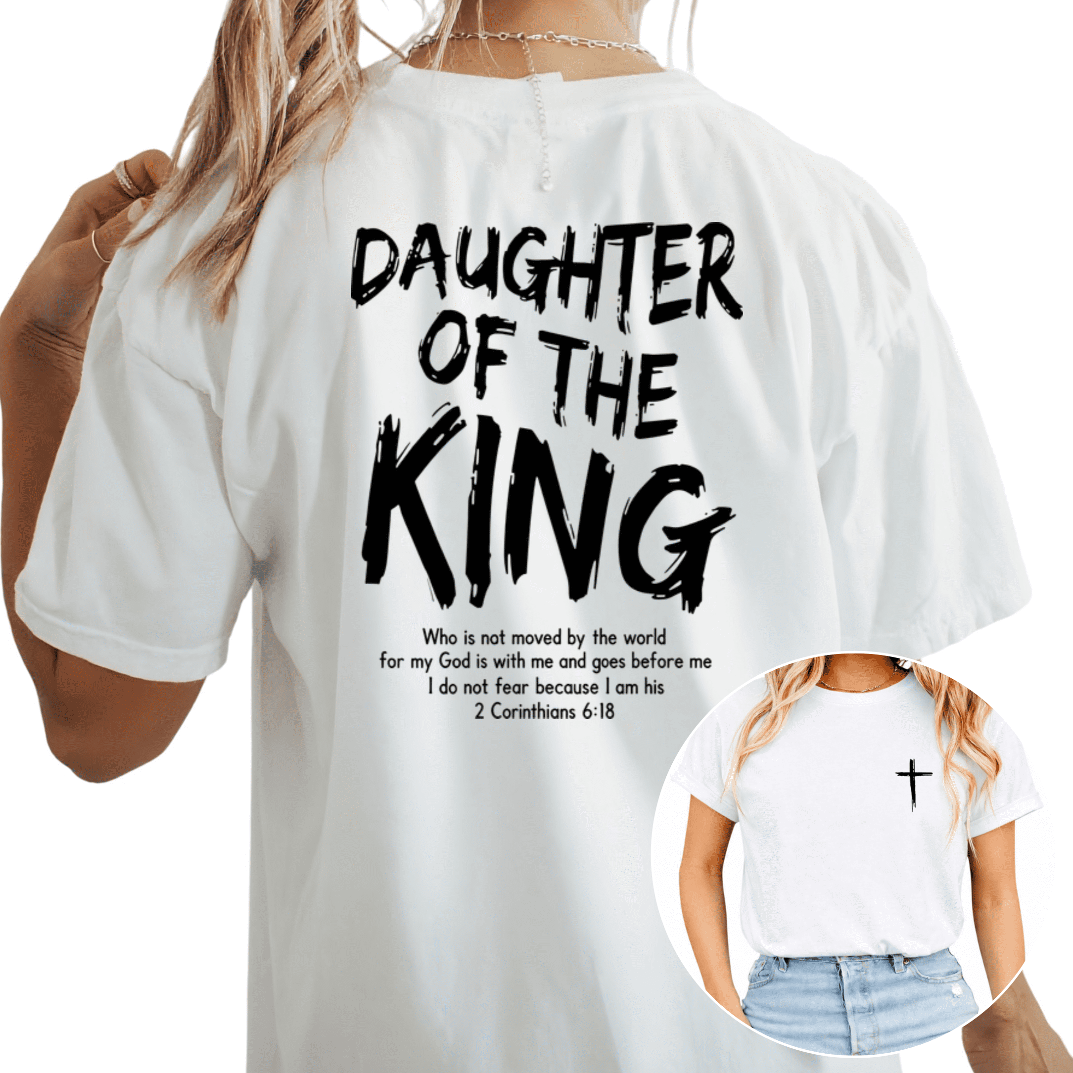 Cozymy Women's Distressed Letter Daughter Of The King Cross Front Back ...