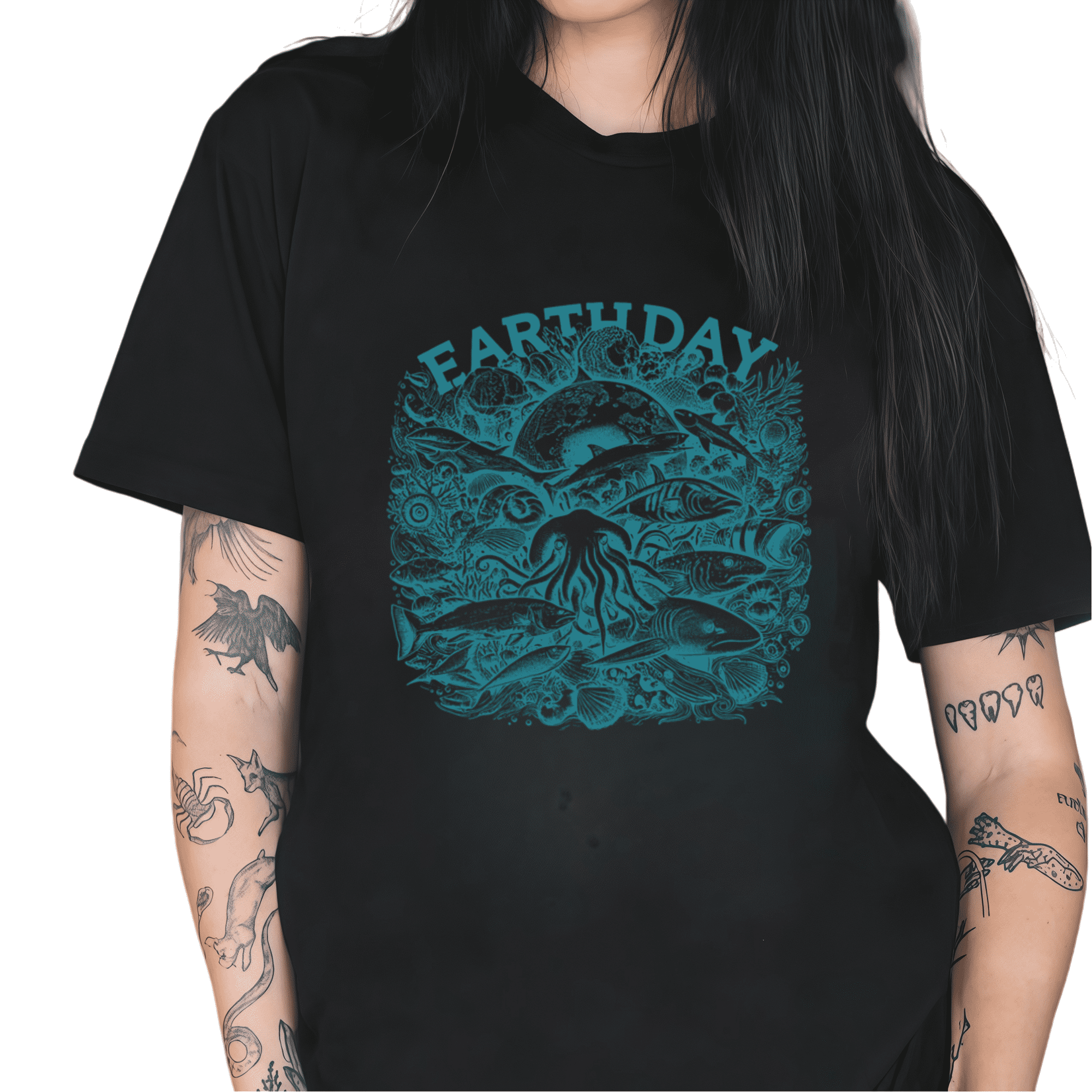 Cozymy Women's "Earth Day" Teal Underwater Marine Life Graphic Crewneck ...